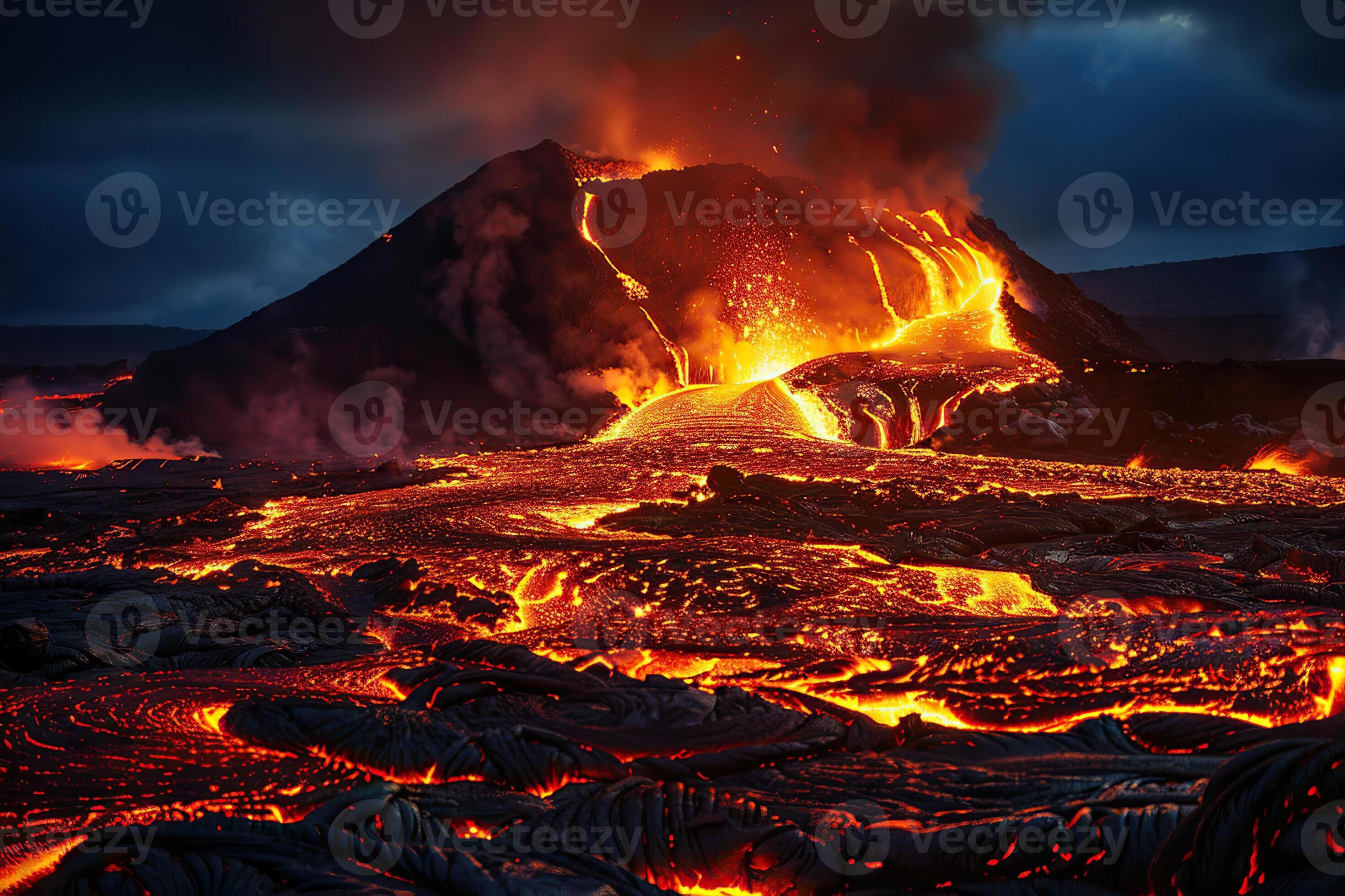 Erupting volcano with cascading hot lava surrounded thick white smoke ...