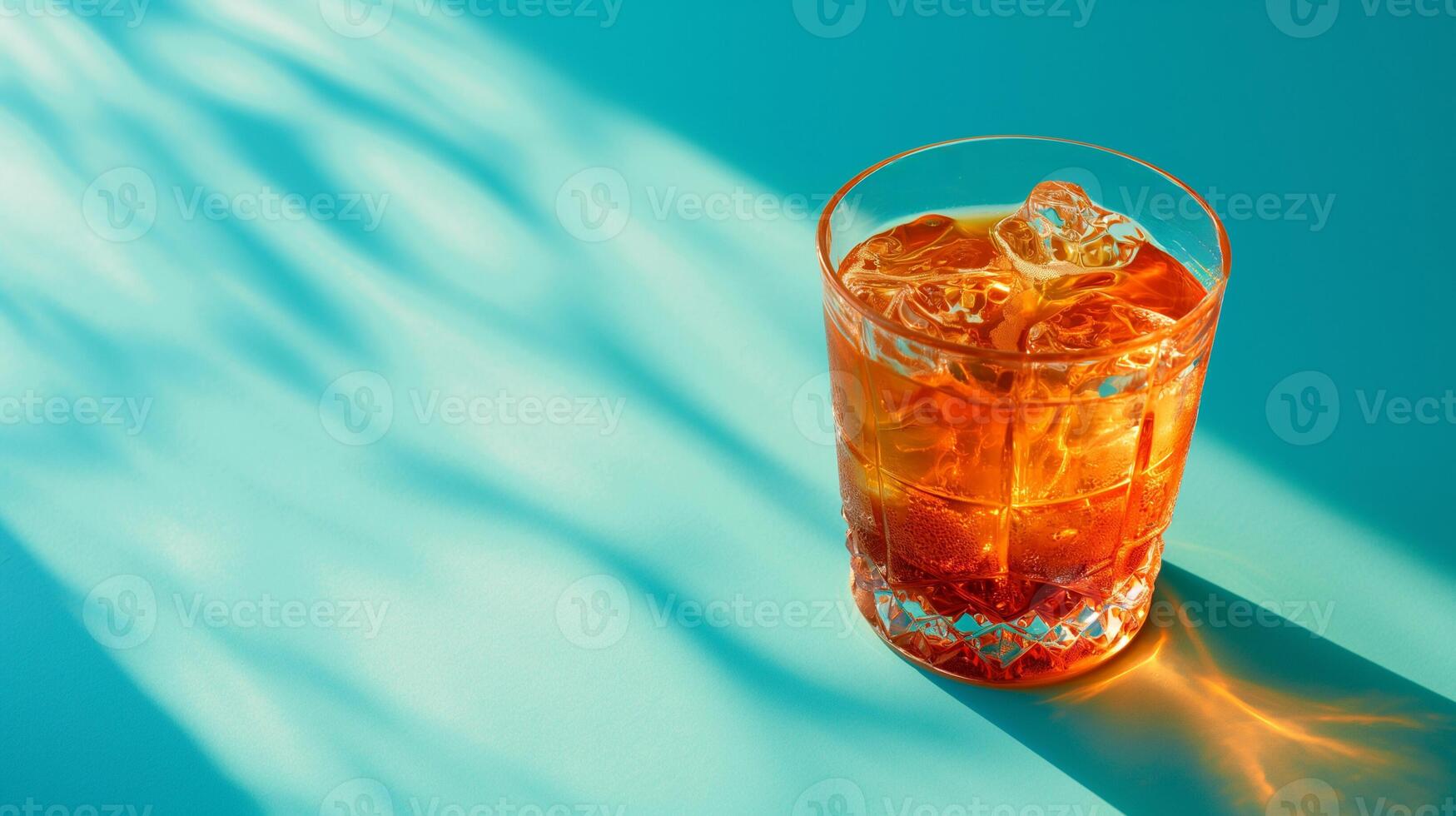 Iced tea in a crystal glass against a blue background with sunlight and shadow patterns, evoking ...