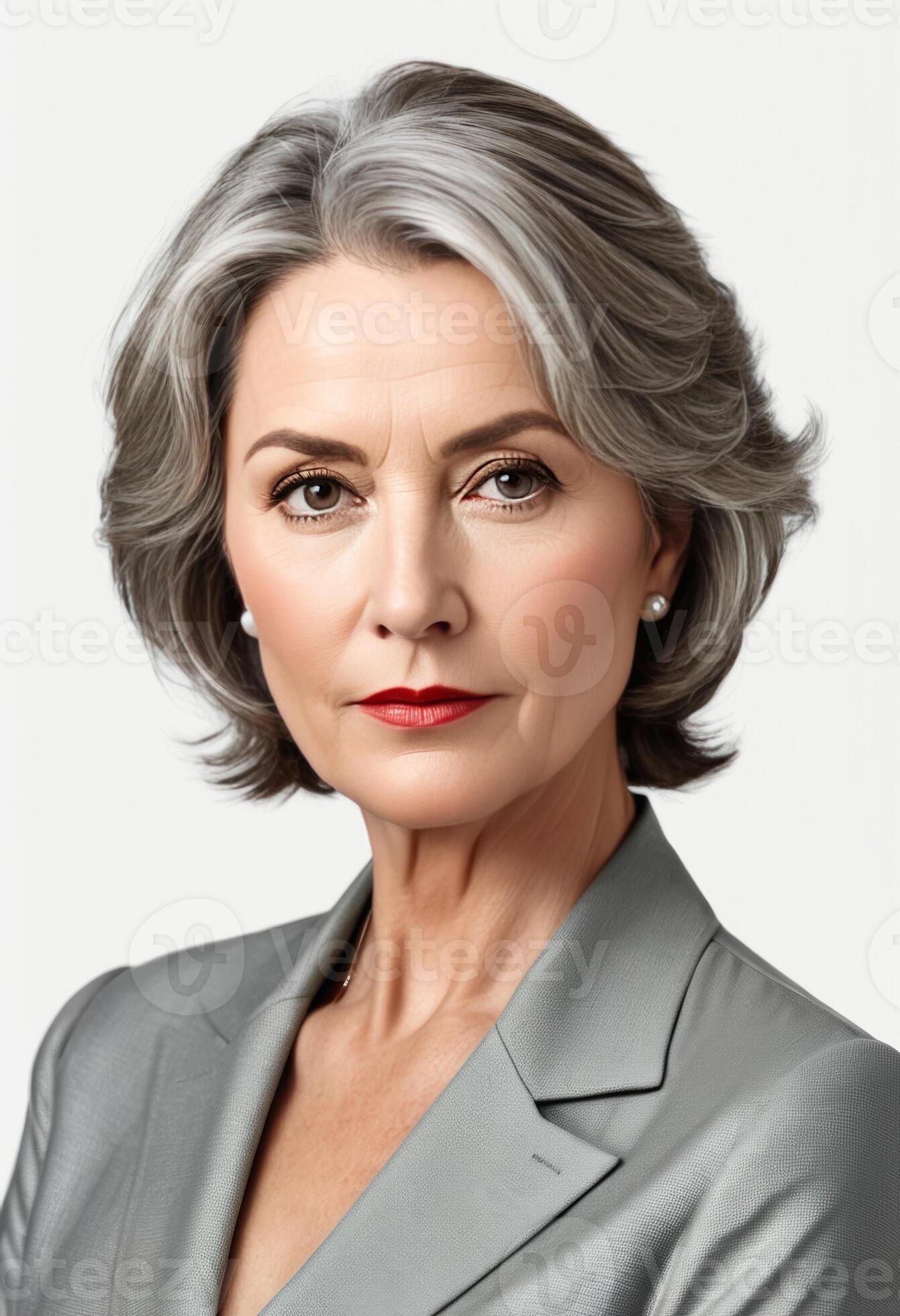 Elegant mature businesswoman with gray hair posing confidently, perfect ...