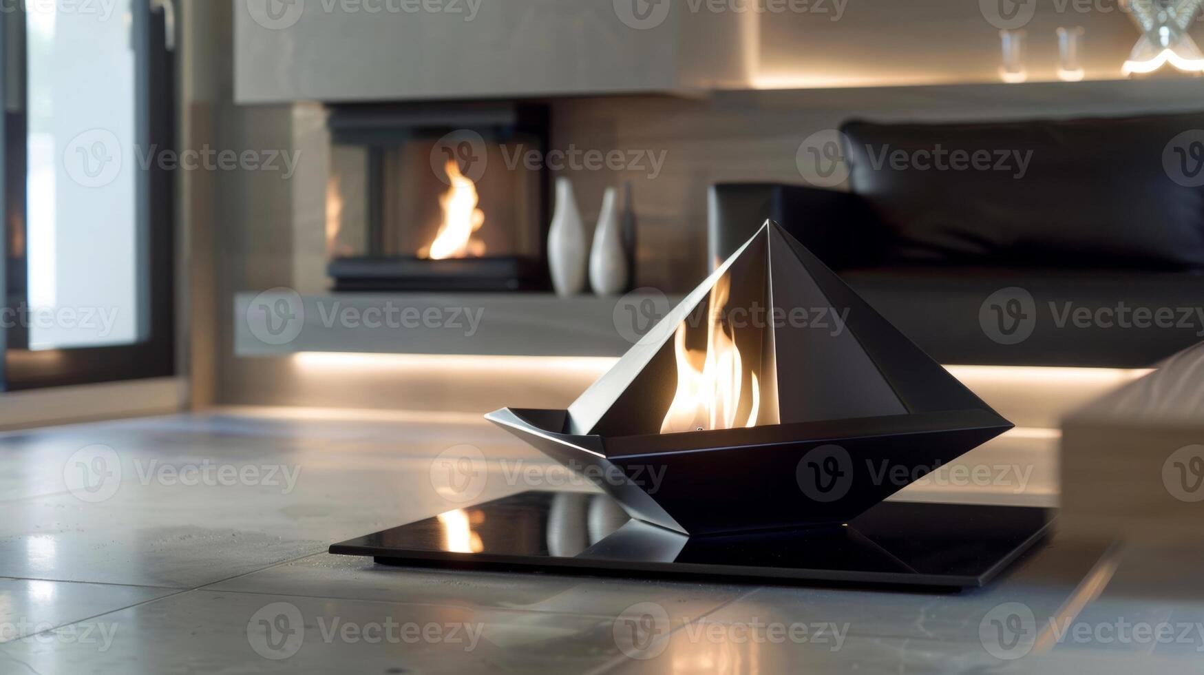 The sleek and angular design of the fireplace is enhanced by its ...