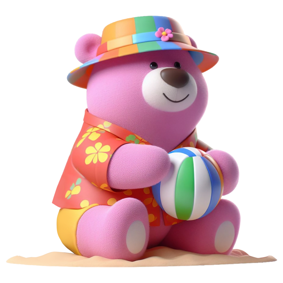Pink Teddy Bear In Beach Hat And Shorts Plays Beach Volleyball 44651863 Png