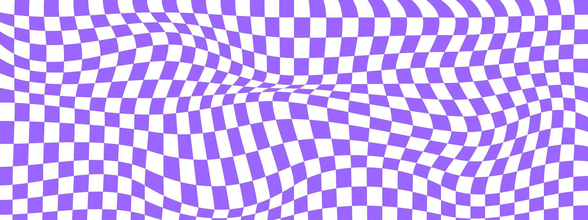 Checkered optical illusion. Distorted chessboard with purple and white squares. Psychedelic ...