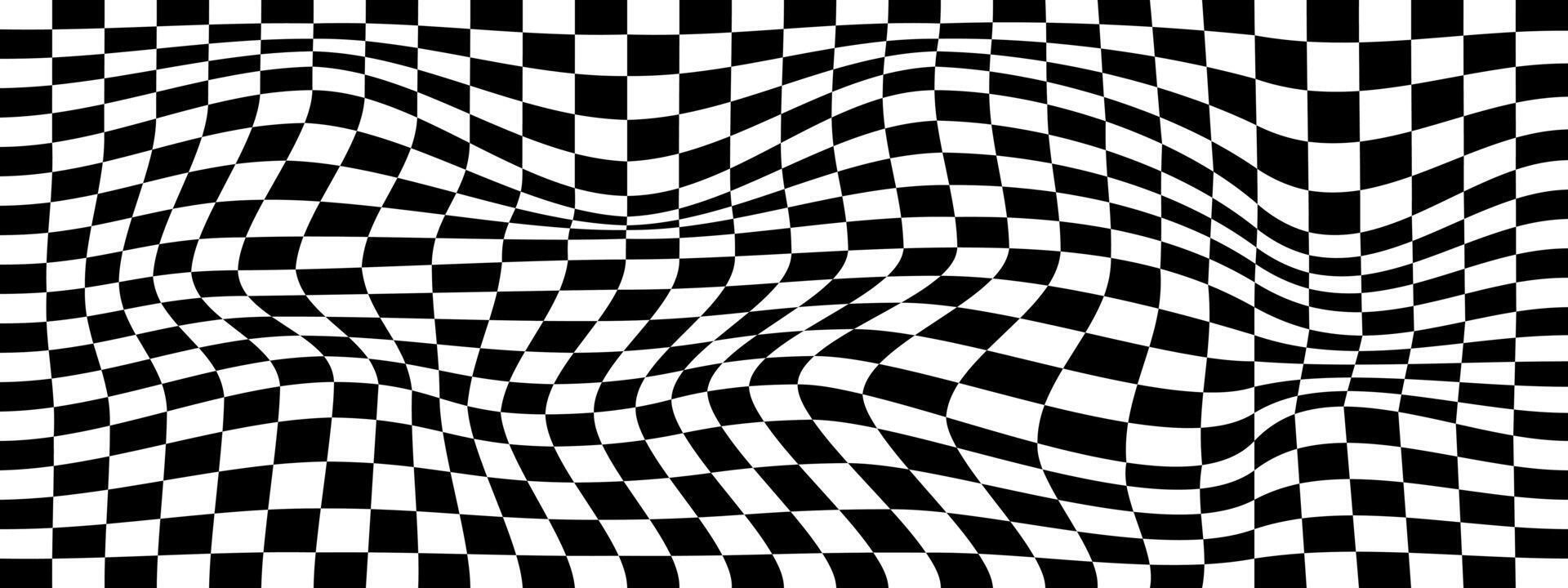 Distorted chessboard background. Psychedelic pattern with black and white squares. Warped race ...