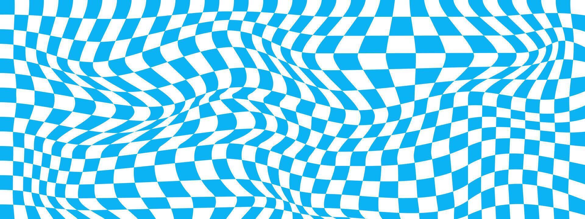Distorted blue and white chessboard background. Chequered optical illusion. Psychedelic pattern ...
