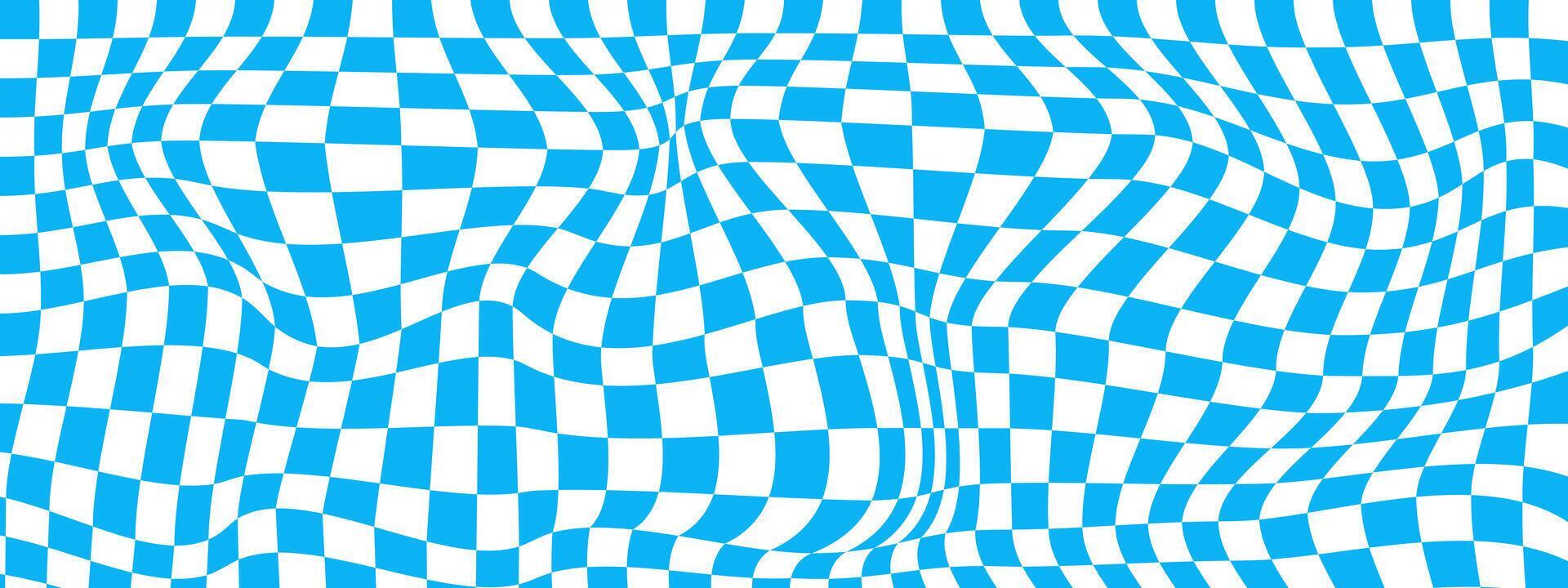 Psychedelic pattern with warped blue and white squares. Distorted chess board background ...
