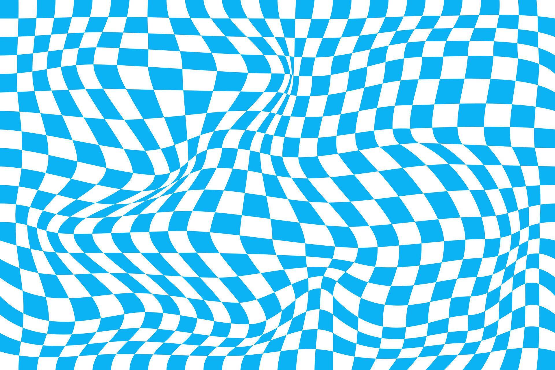 Psychedelic pattern with warped blue and white squares. Distorted chess board background ...