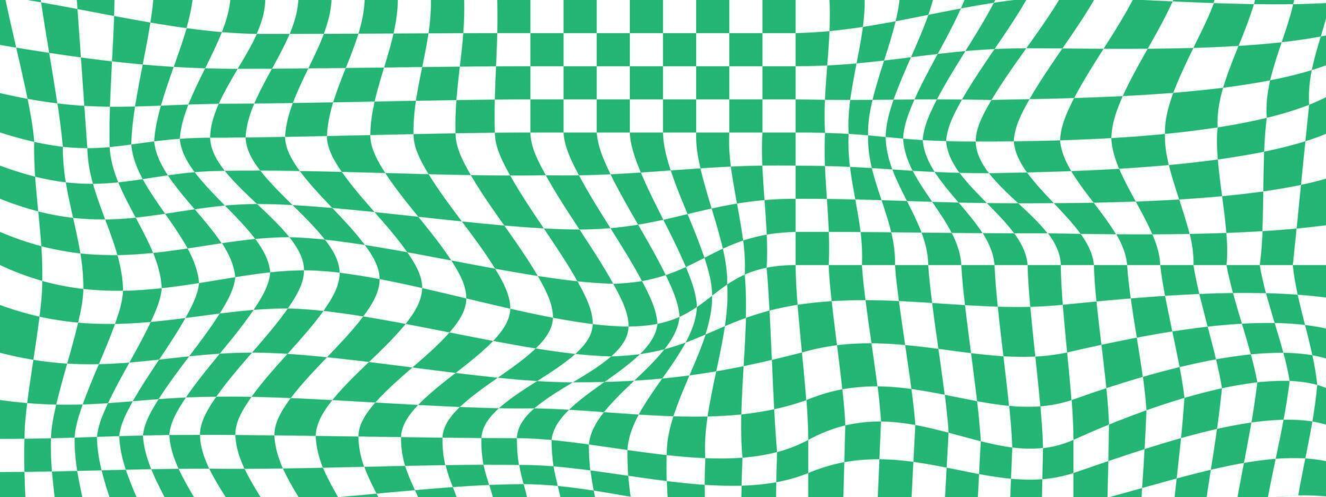 Distorted green and white chessboard background. Dizzy checkered visual illusion. Psychedelic ...