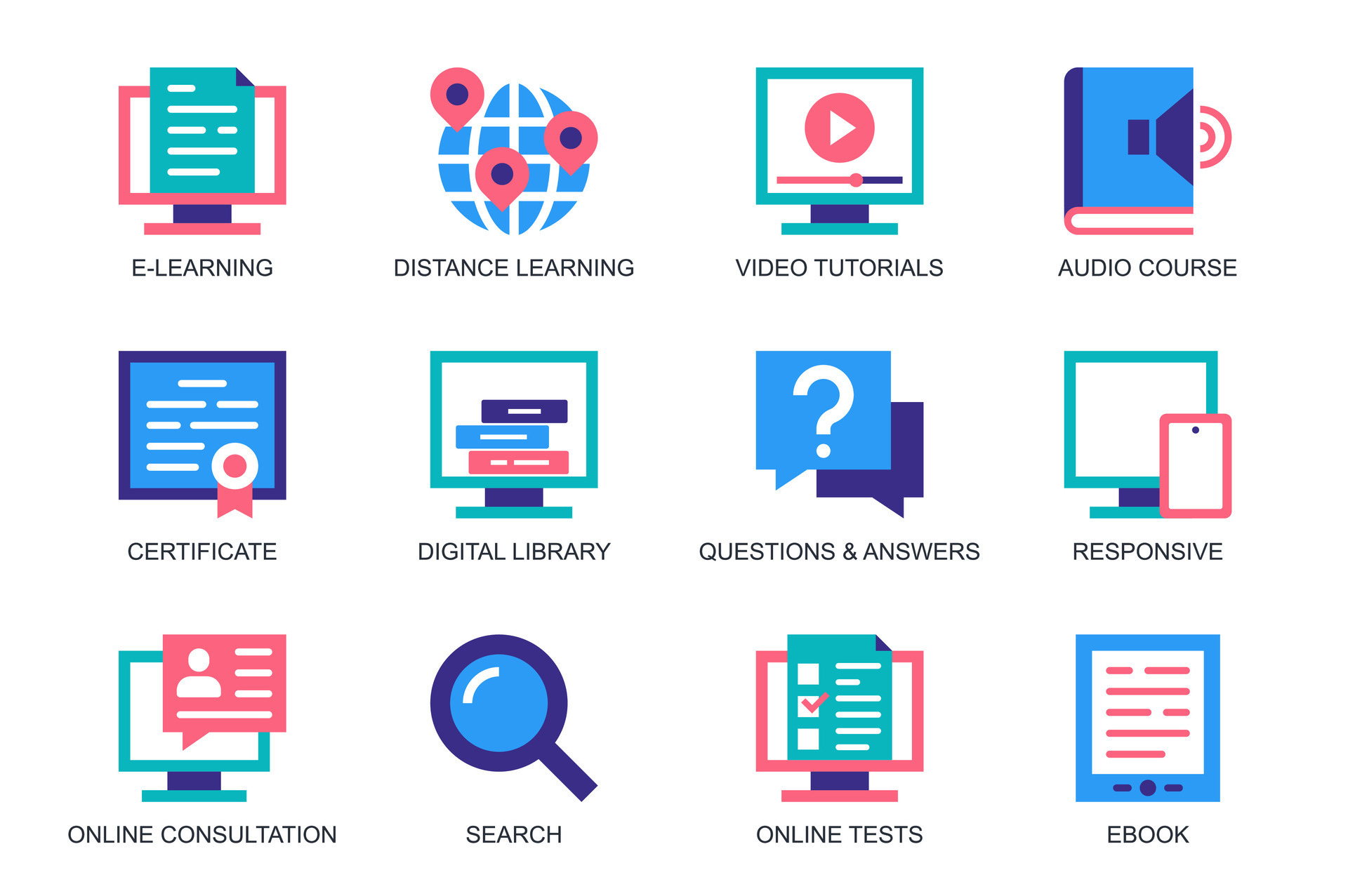 E-learning concept of web icons set in simple flat design. Pack of ...