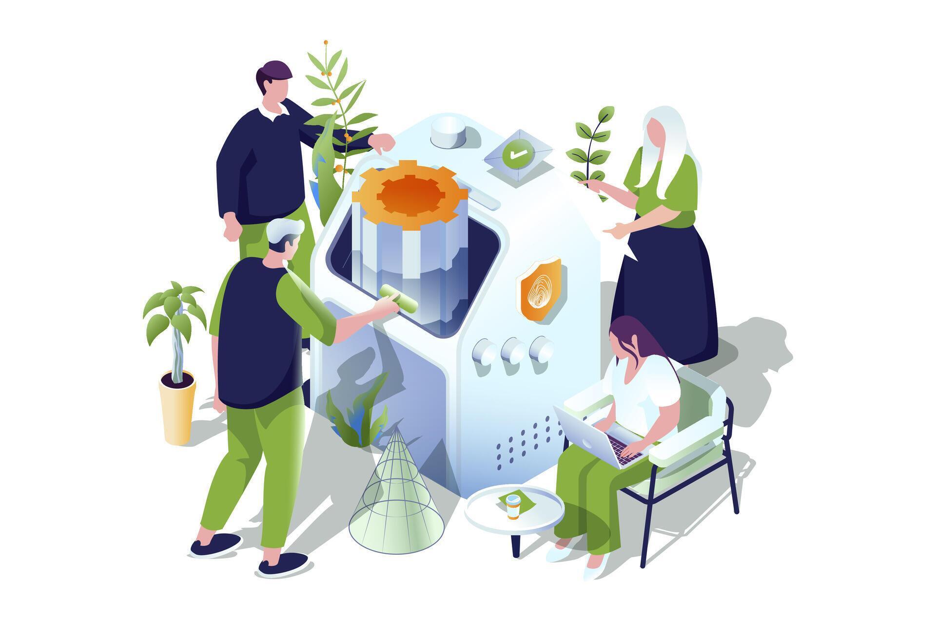 Developers team web concept in 3d isometric design. People developing software, working together ...