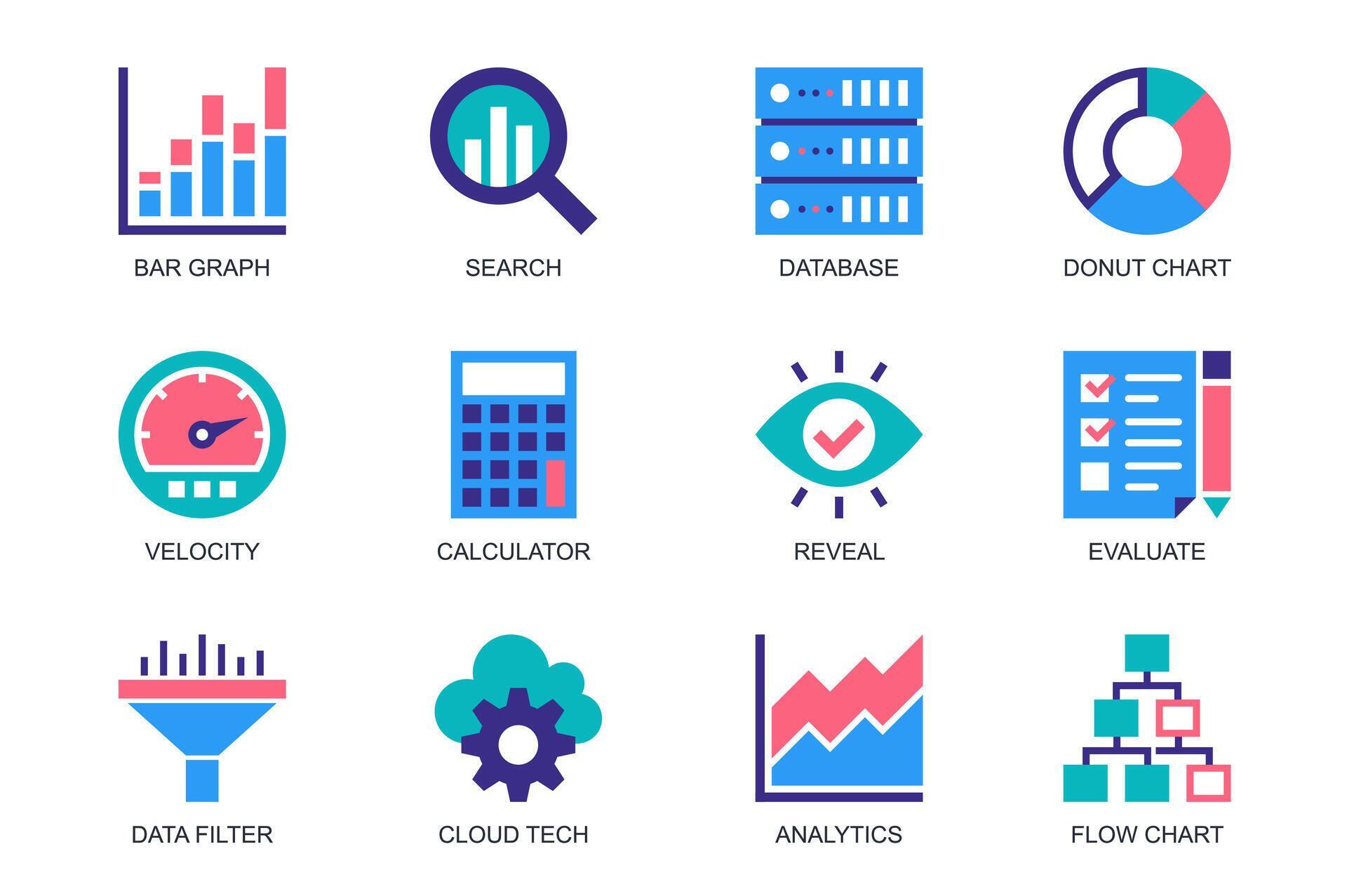 Data Analytics concept of web icons set in simple flat design. Pack of ...