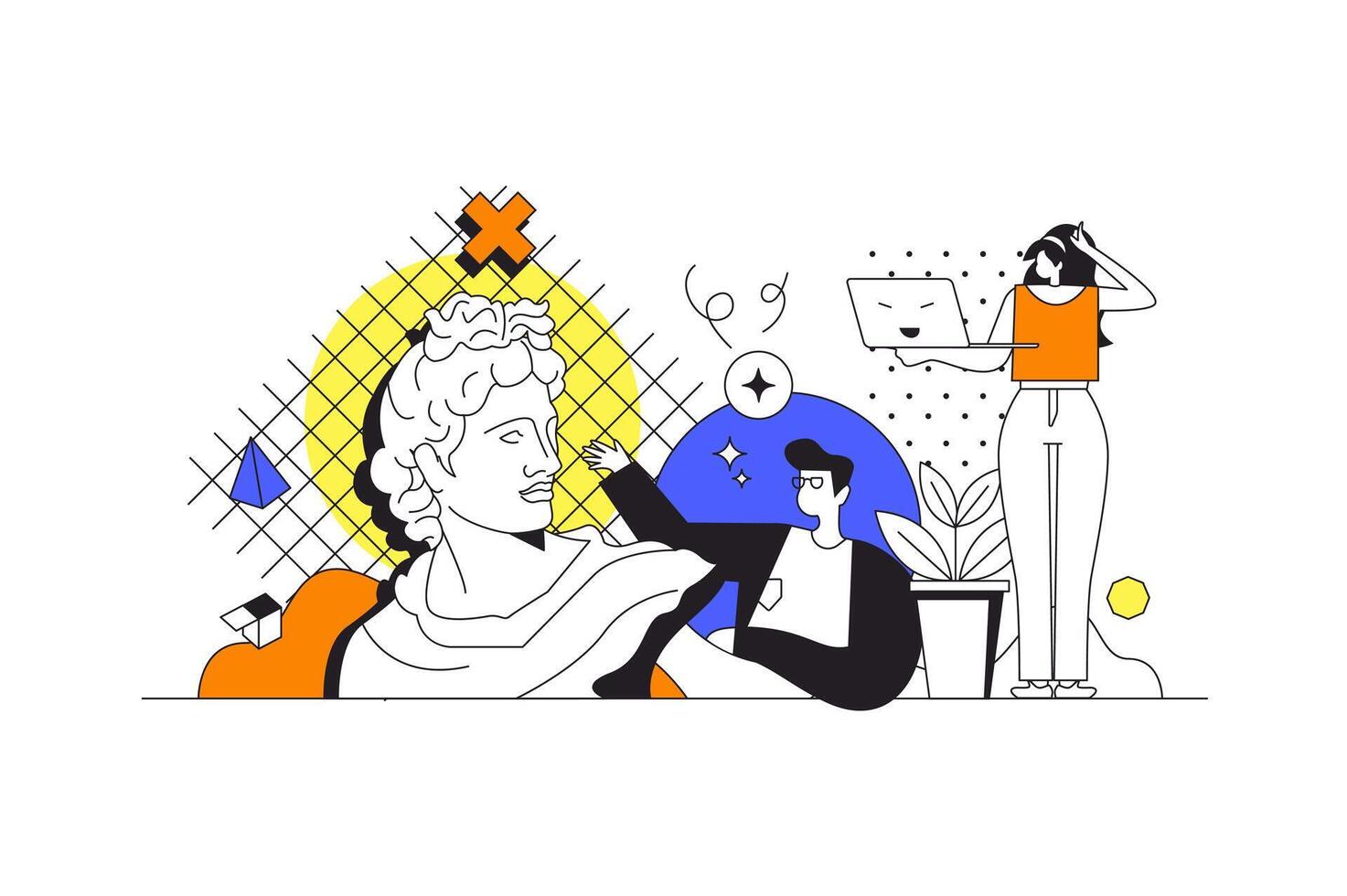 Designer agency web concept in flat outline design with characters. Man ...