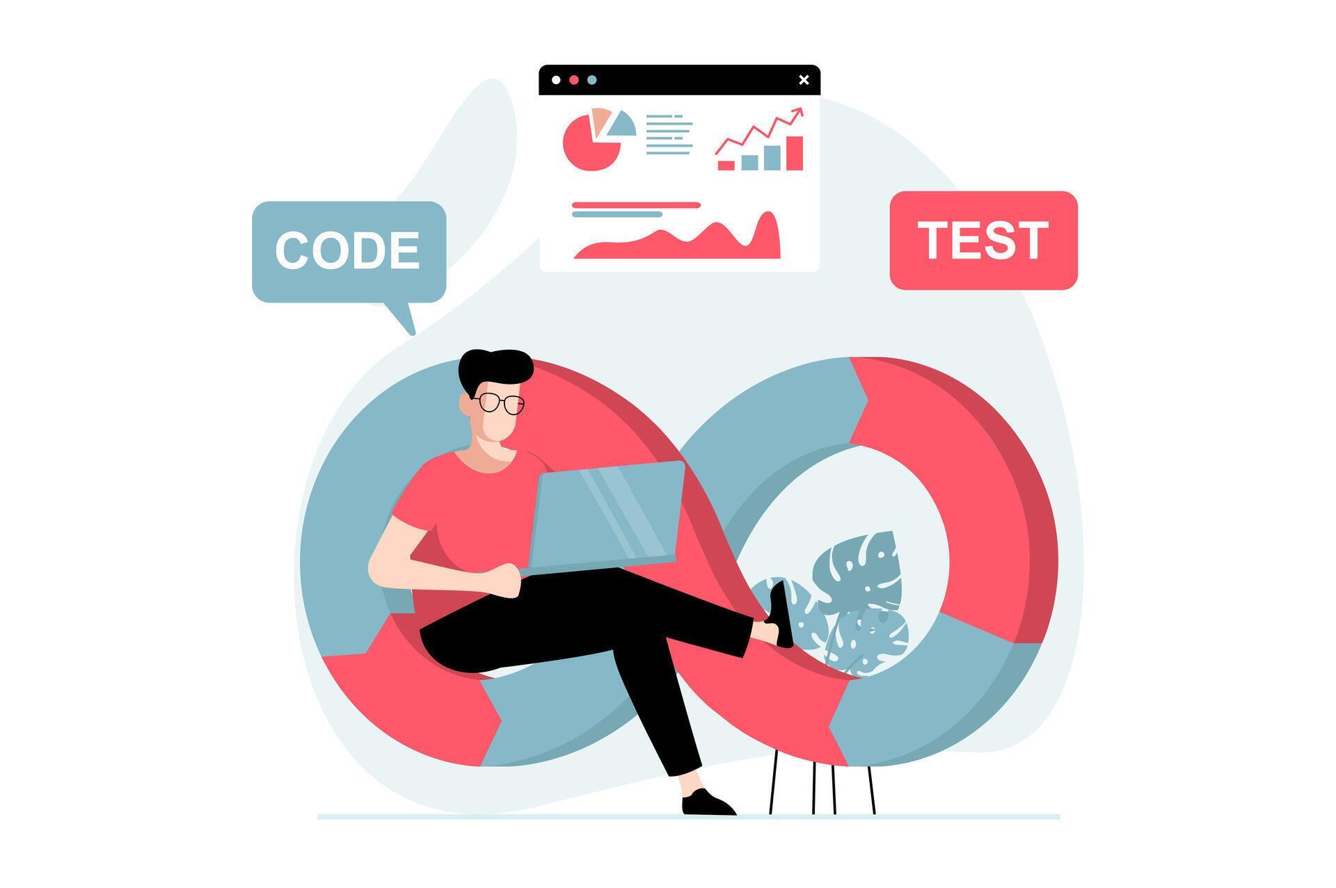 DevOps concept with people scene in flat design. Man programmer coding and creating software ...