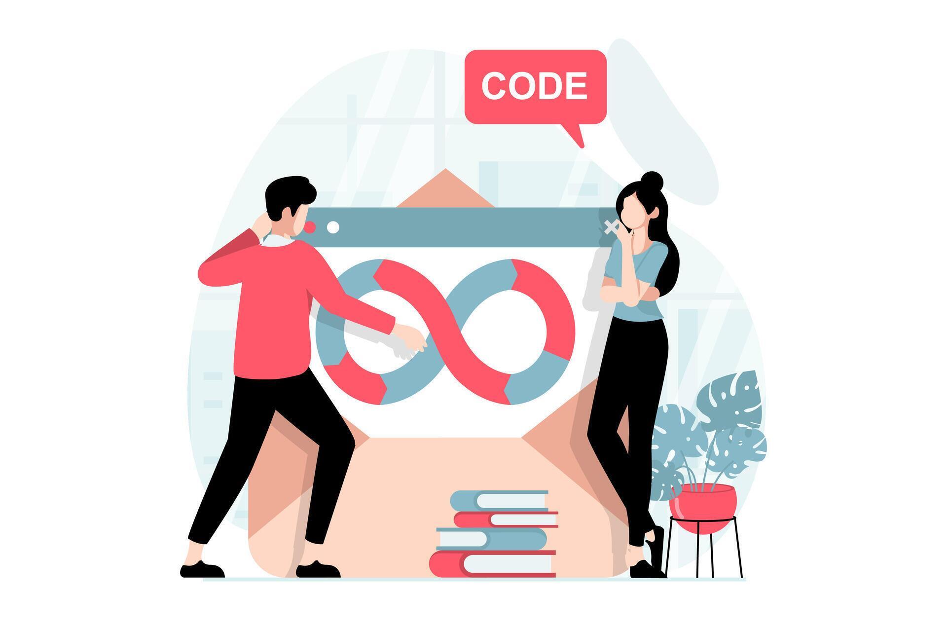 Devops Concept With People Scene In Flat Design Woman And Man Coders Working In Team In Office