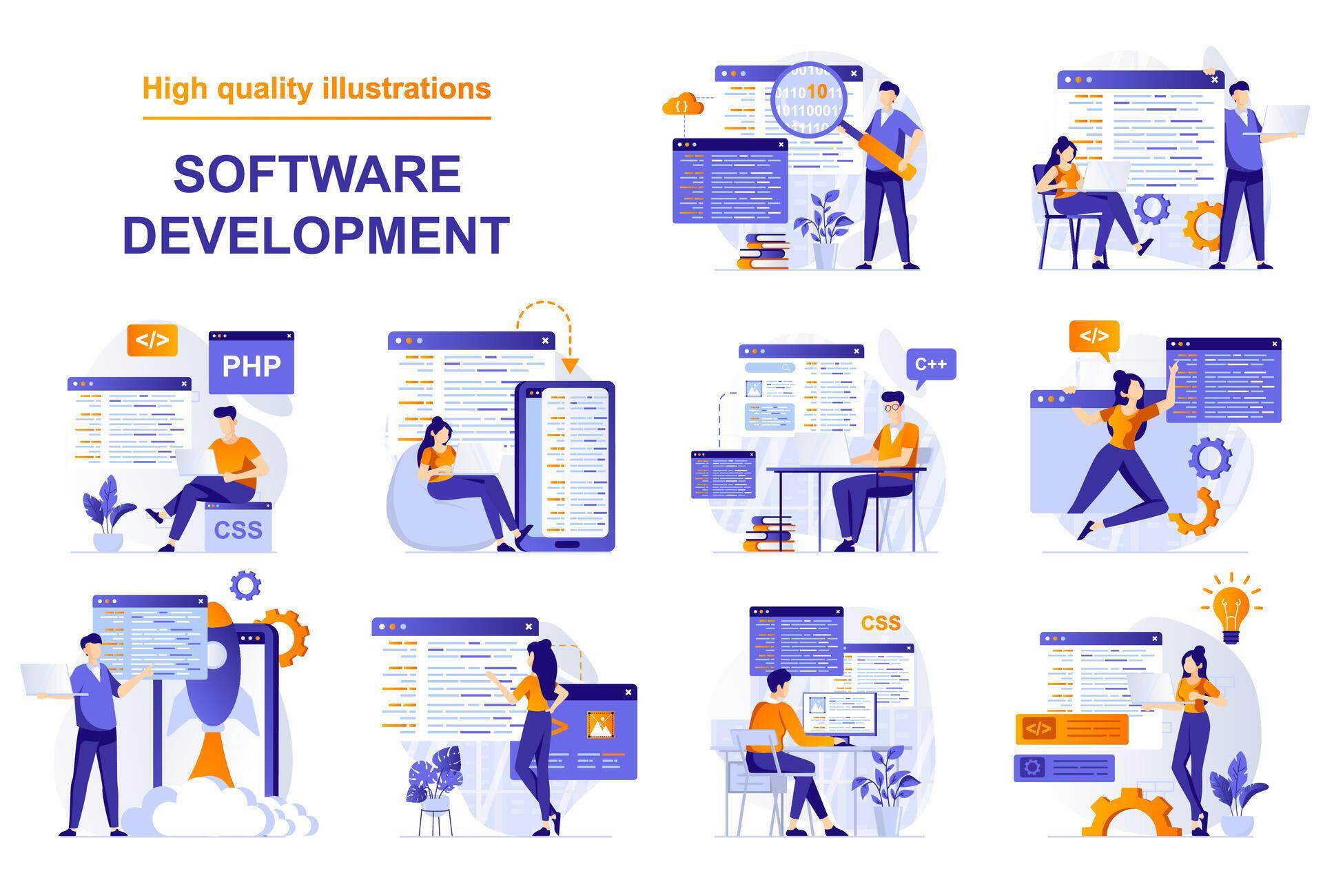 Software development web concept with people scenes set in flat style. Bundle of backend ...