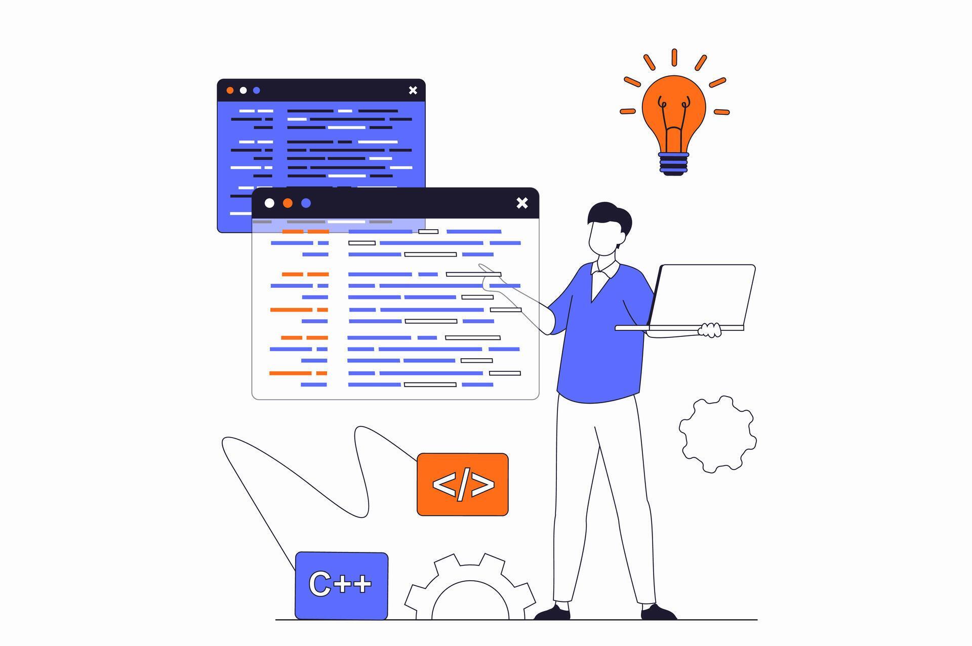 Programmers working concept with people scene in flat outline design ...
