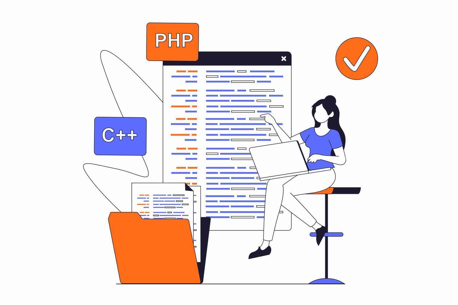 Programmers Working Concept With People Scene In Flat Outline Design Woman Working With Code