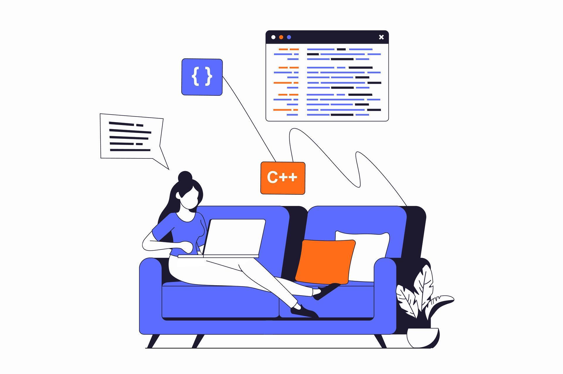 Freelance working concept with people scene in flat outline design. Woman developer doing tasks ...