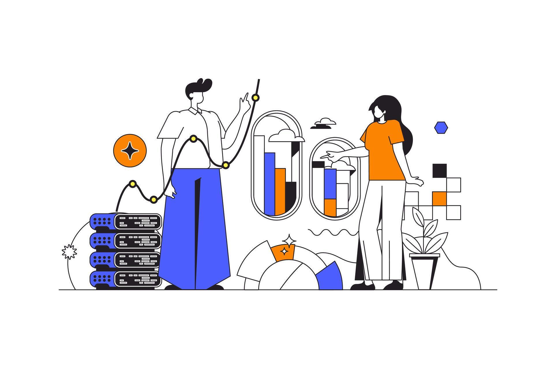 Big data web concept in flat outline design with characters. Man and ...