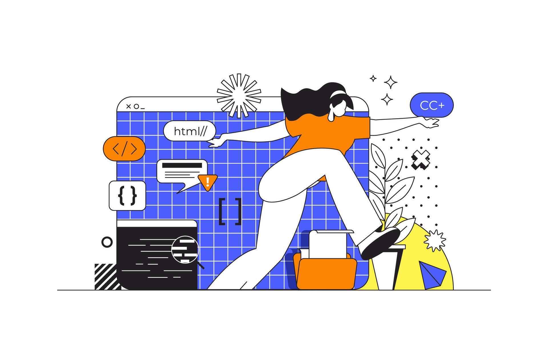 Programming software web concept in flat outline design with character. Woman developer coding ...