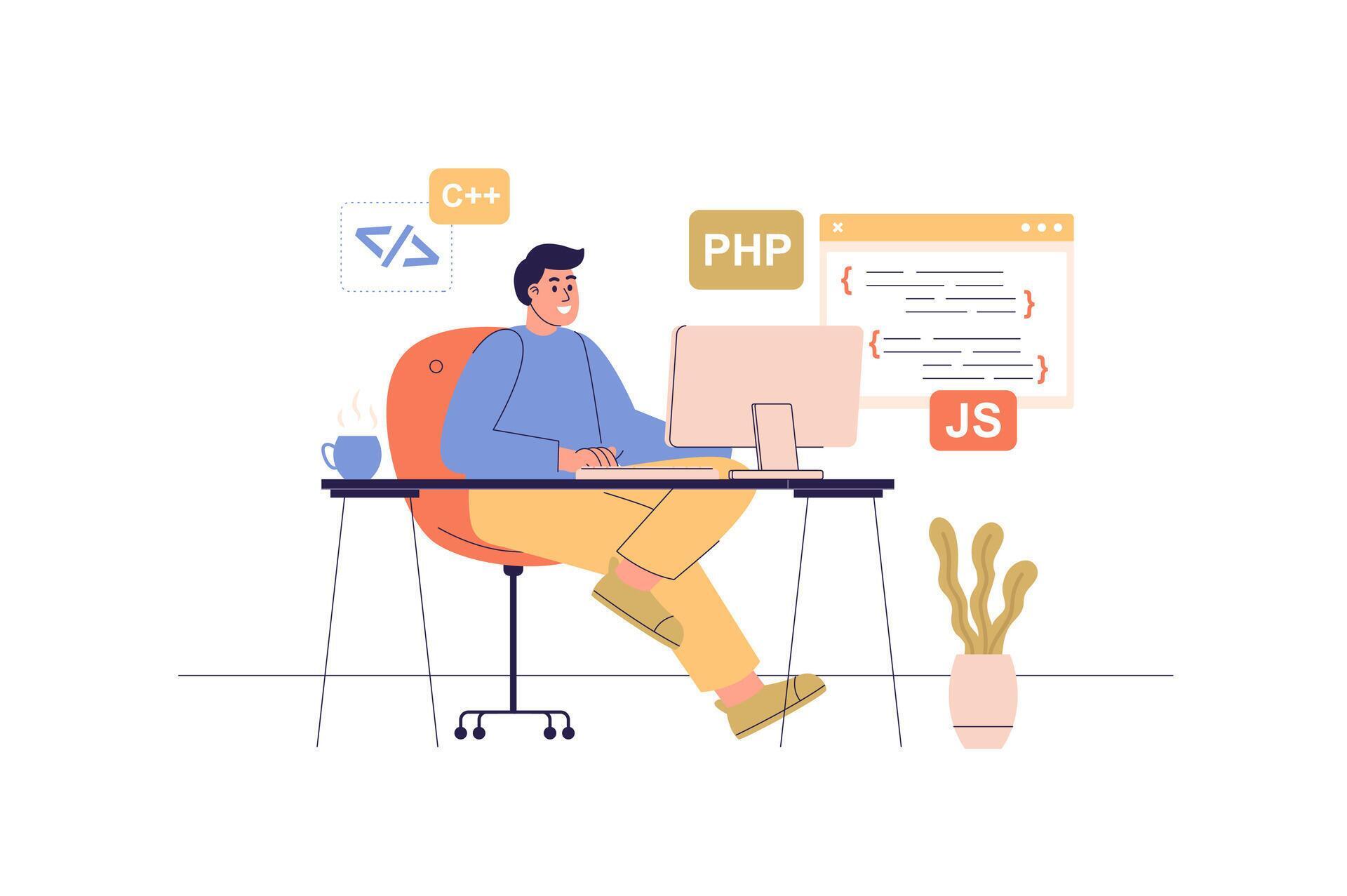 Programmer working web concept with people scene. Developer sitting at ...