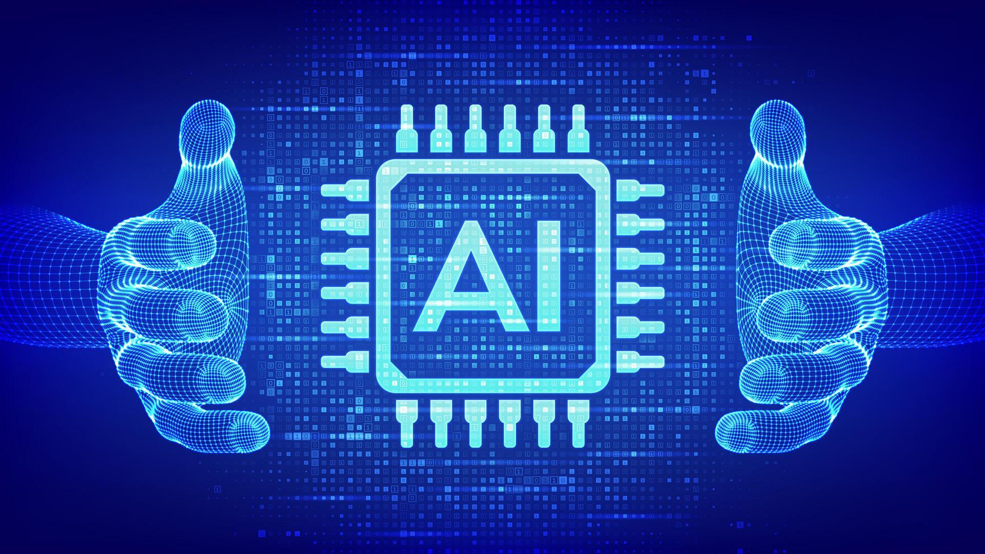 AI. Artificial intelligence. AI icon made with binary code in wireframe hands. Binary data and ...