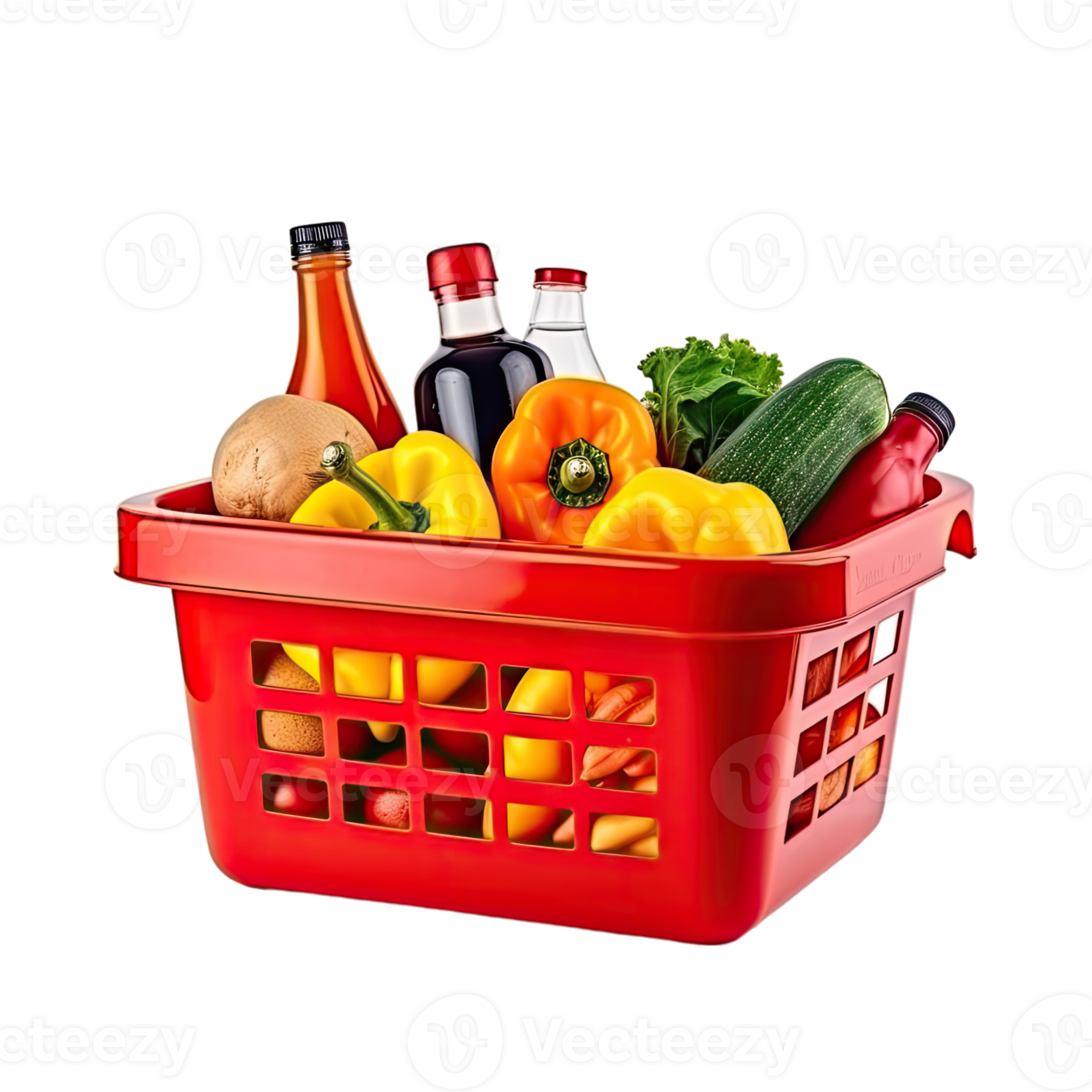 Red Shopping Basket Full Of Food And Groceries Without Background
