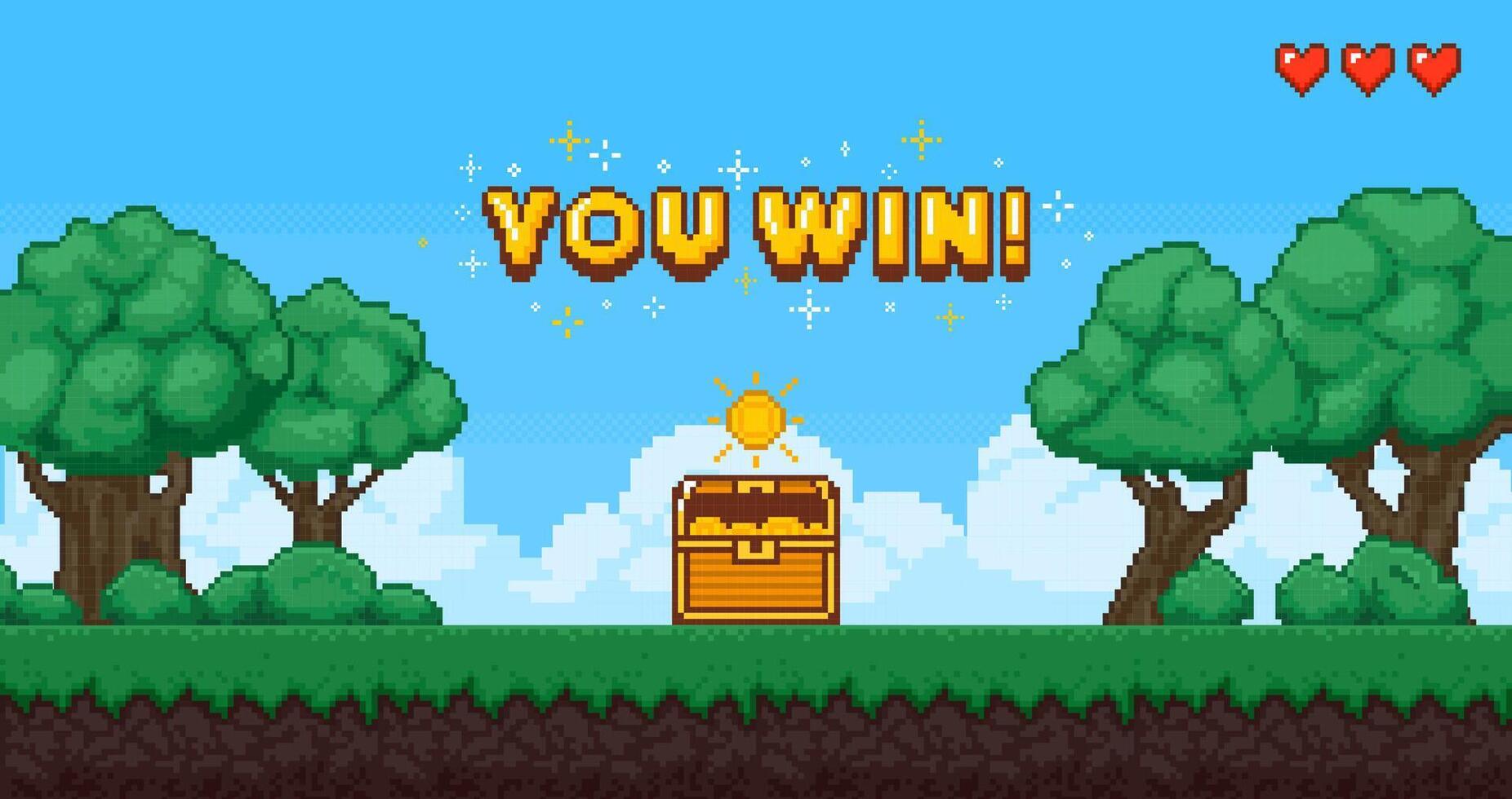 Pixel game art win background. Retro 8 bit games screen, computer game victory with coins, grass ...