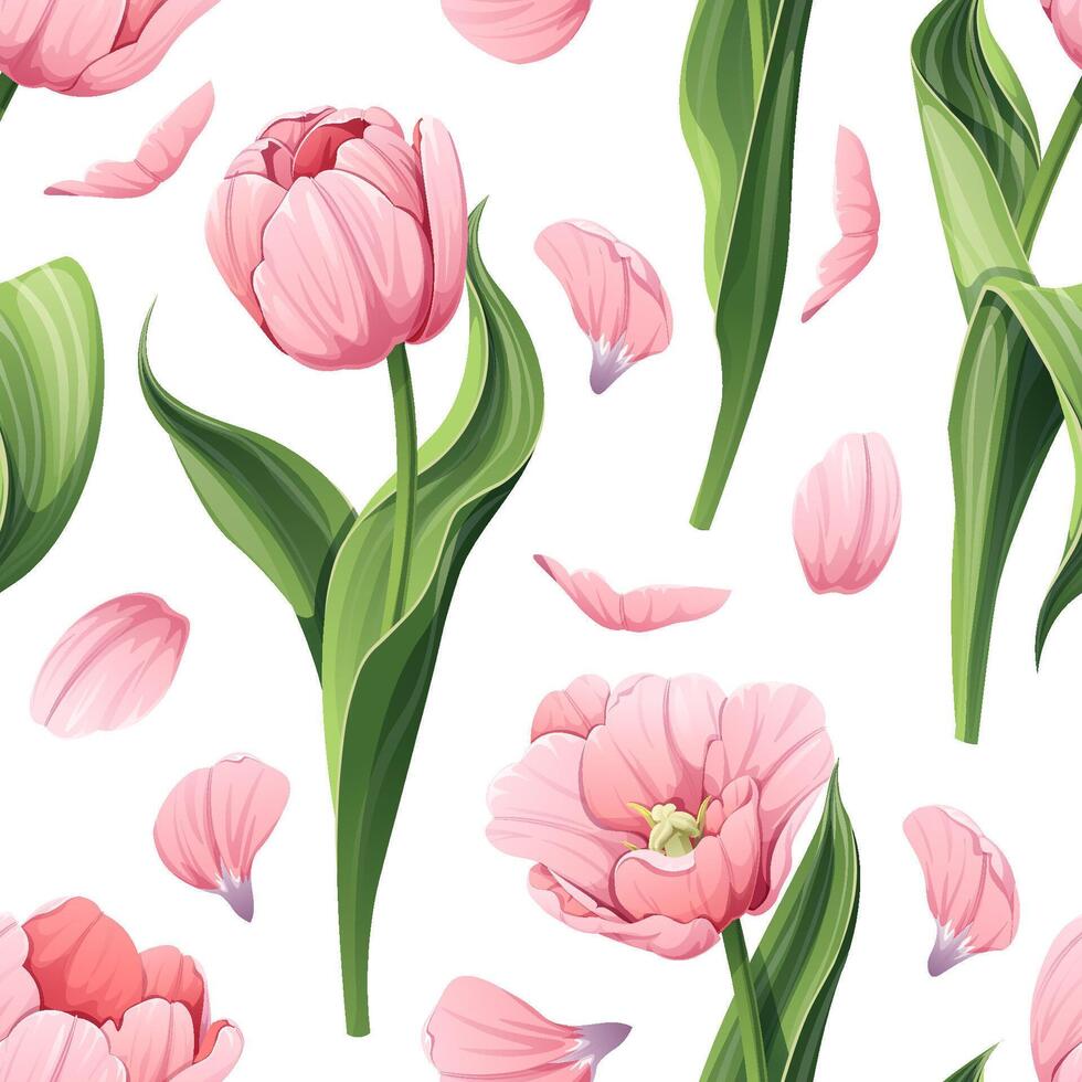 Seamless pattern with spring flowers. Texture with pink tulips and petals. graphics. Great for ...