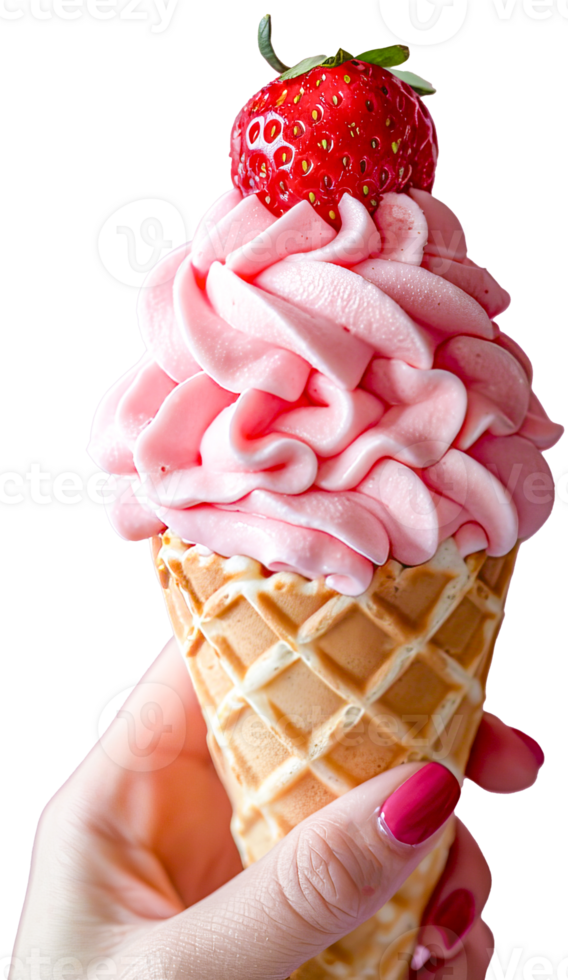 Strawberry Ice Cream Cone Held In Hand 44810436 Png