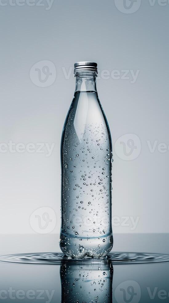 A glass bottle filled with mineral sparkling water rests on a glass table 44835947 Stock Photo ...