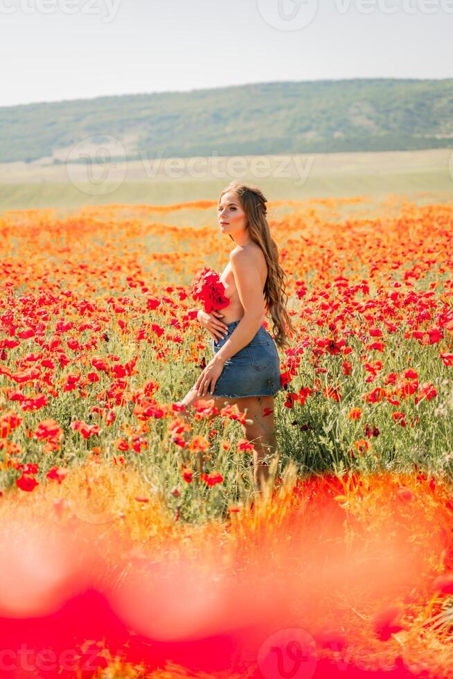 Woman Poppies Field Portrait Happy Woman With Long Hair In A Poppy Field And Enjoying The