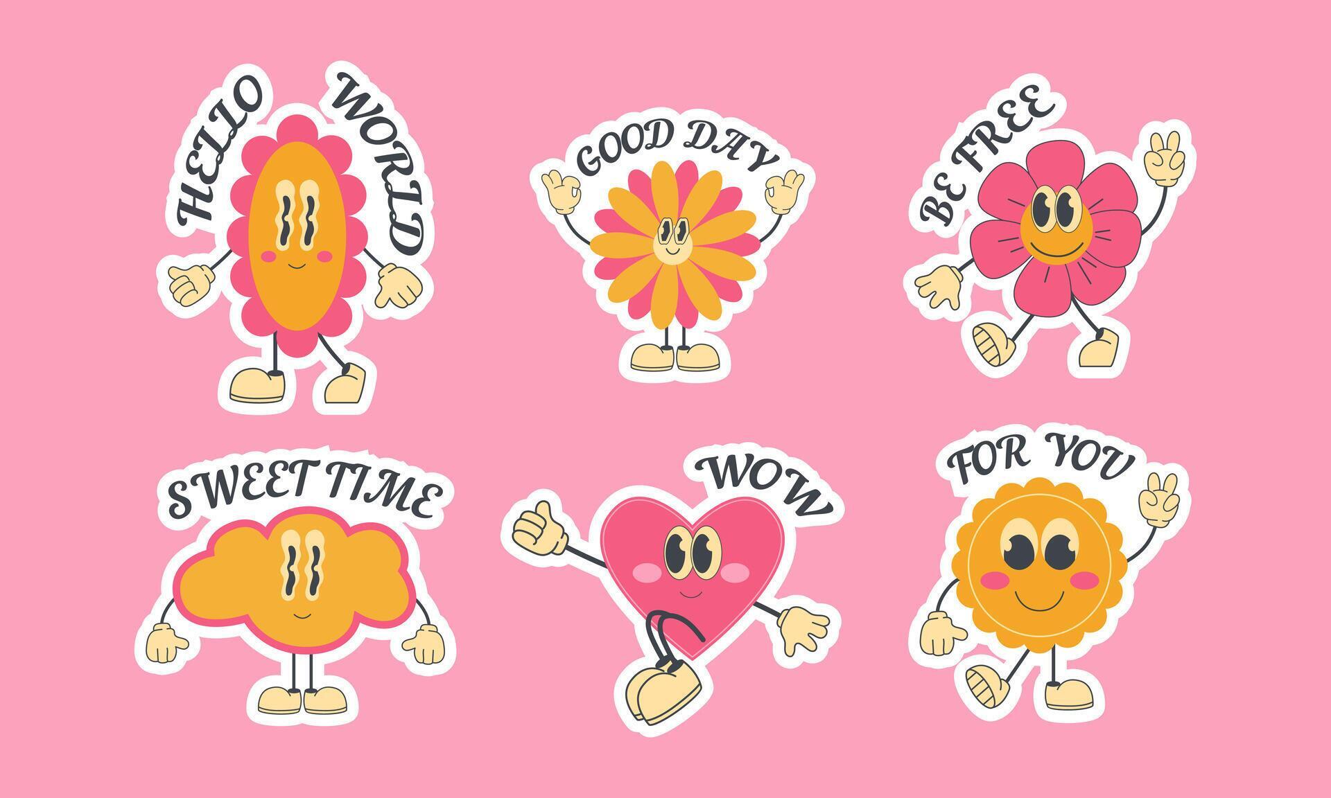 A set of stickers of cartoon groovy characters with inscriptions in the style of the 90s, 2000s ...