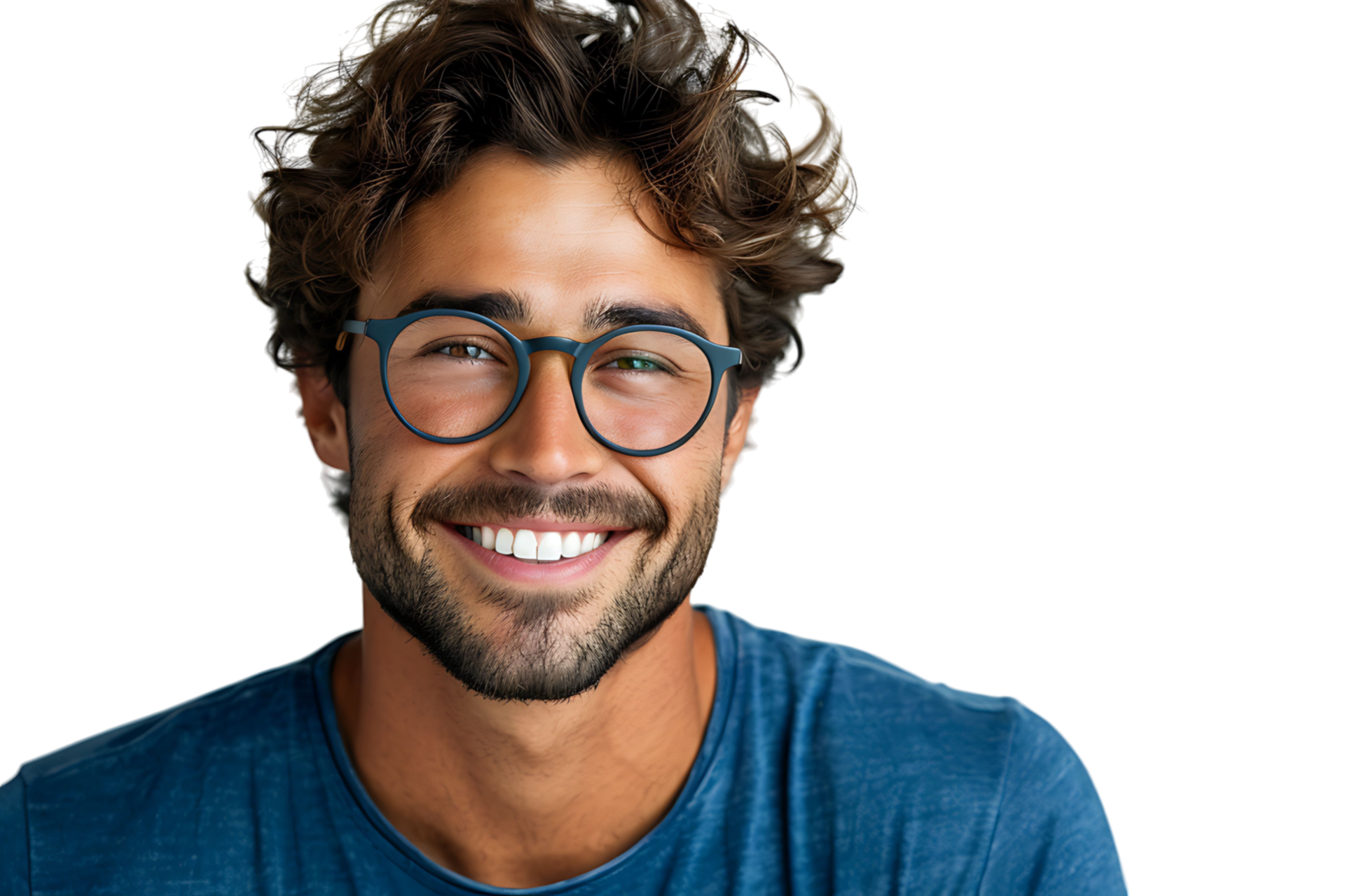 smiling attractive man in blue t-shirt and trendy eyeglasses on ...