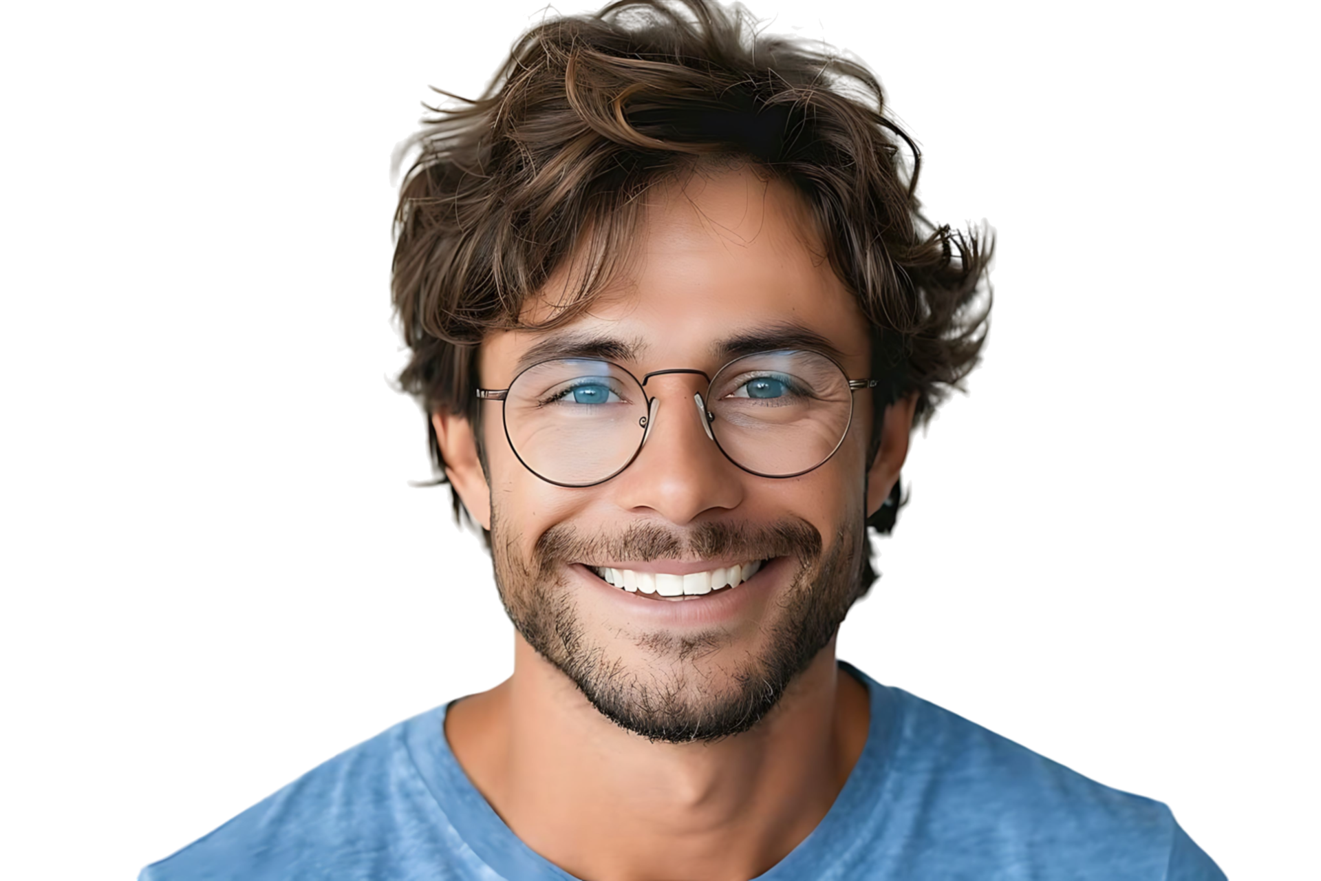 smiling attractive man in blue t-shirt and trendy eyeglasses on ...
