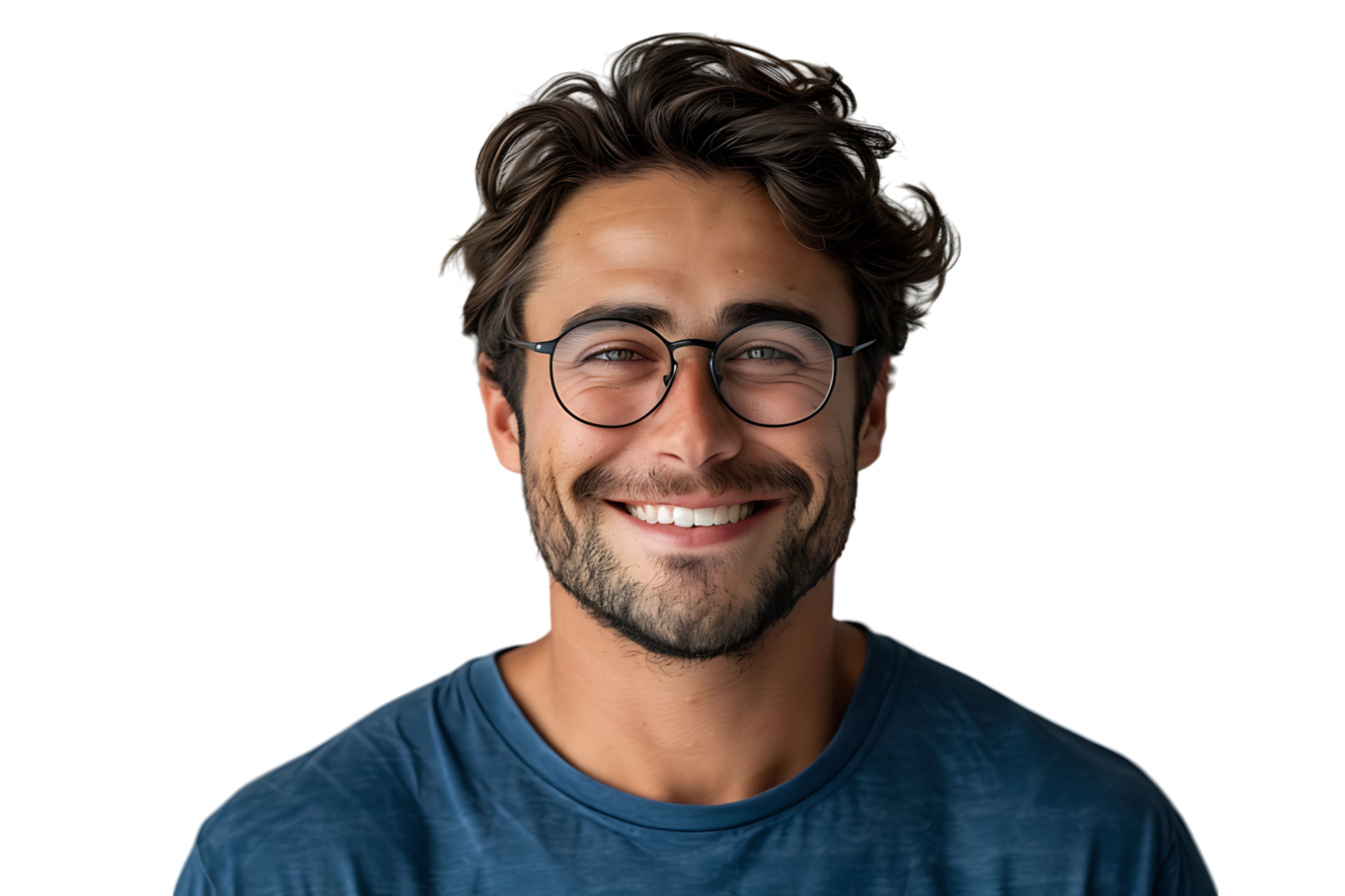smiling attractive man in blue t-shirt and trendy eyeglasses on ...
