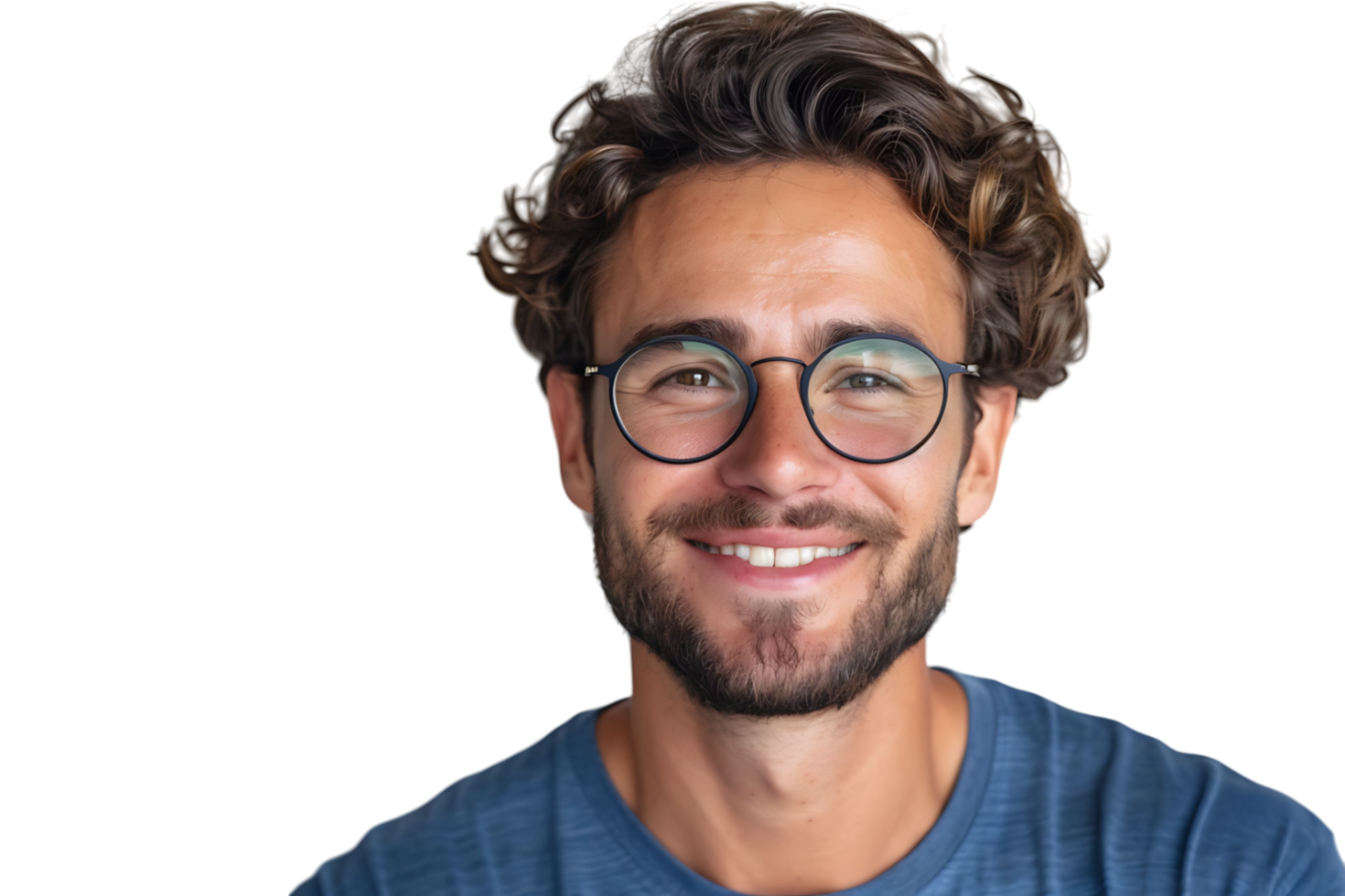 smiling attractive man in blue t-shirt and trendy eyeglasses on ...