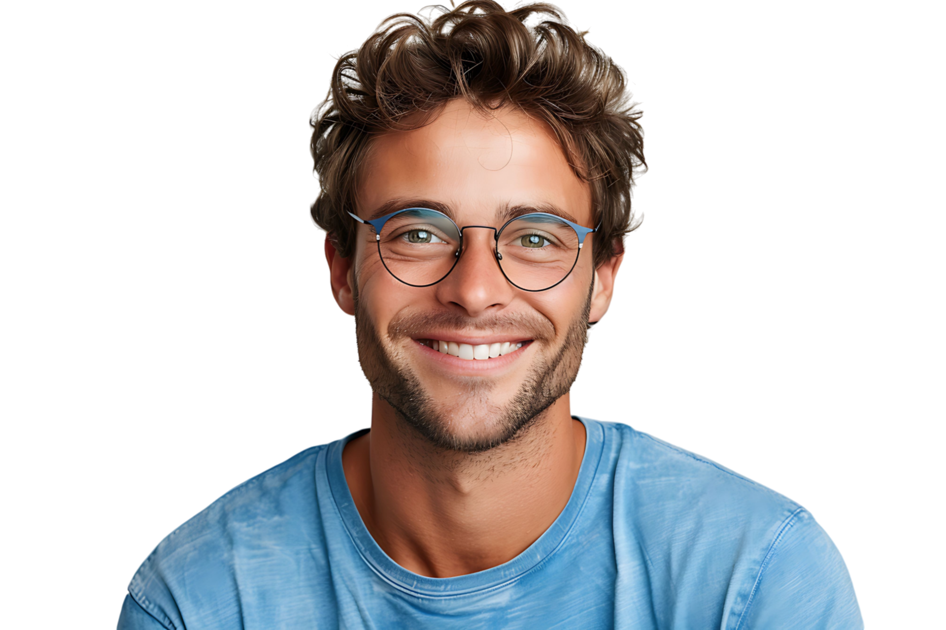 smiling attractive man in blue t-shirt and trendy eyeglasses on ...
