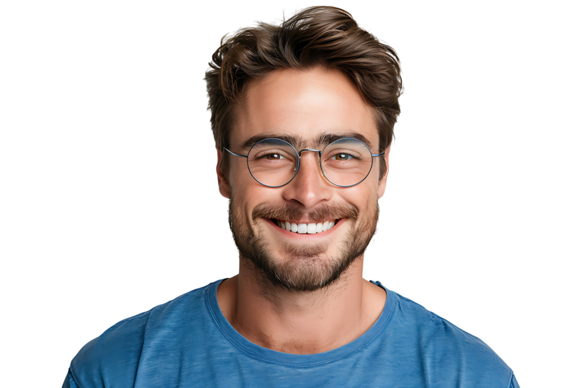 smiling attractive man in blue t-shirt and trendy eyeglasses on ...