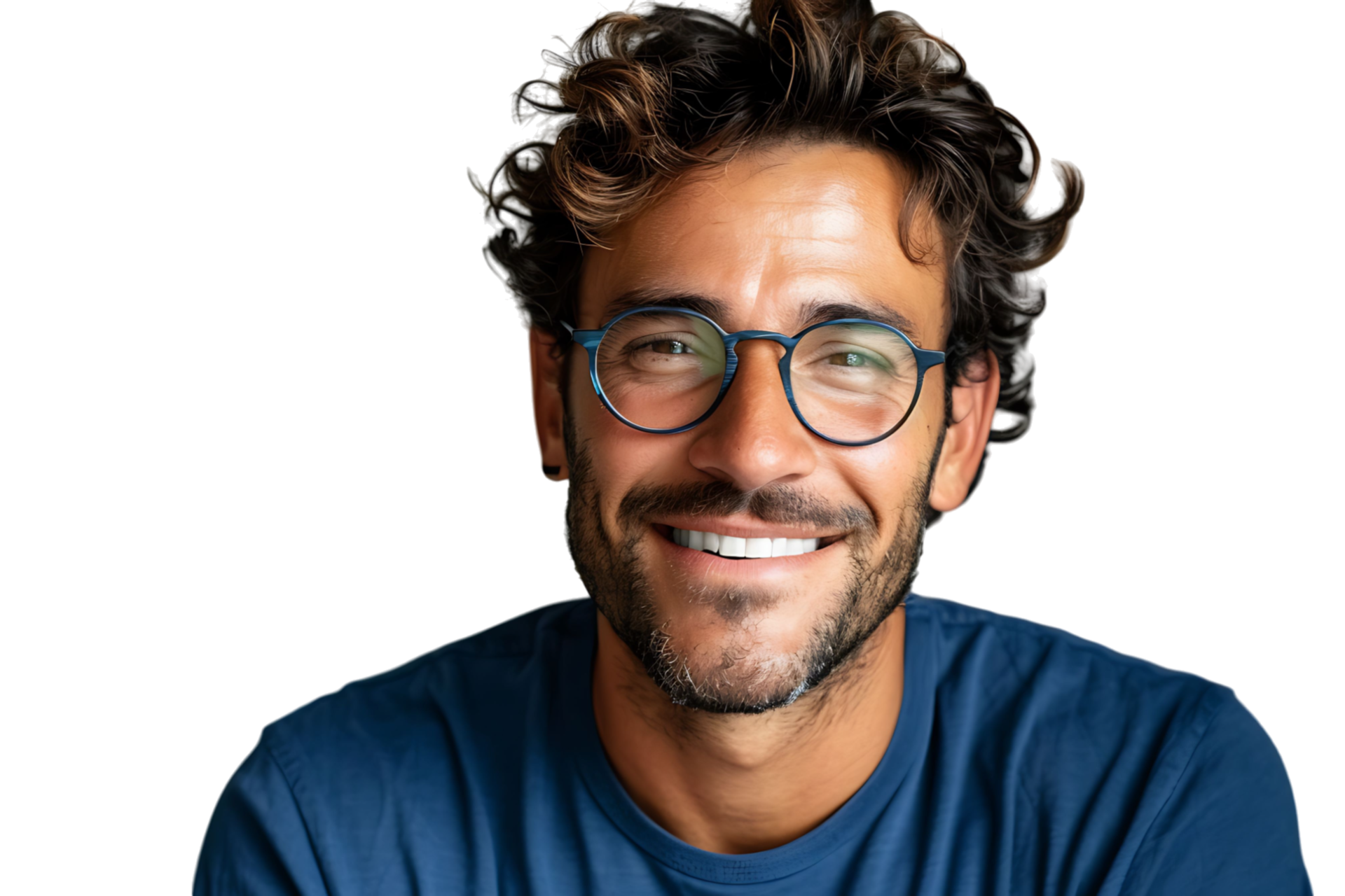 smiling attractive man in blue t-shirt and trendy eyeglasses on ...