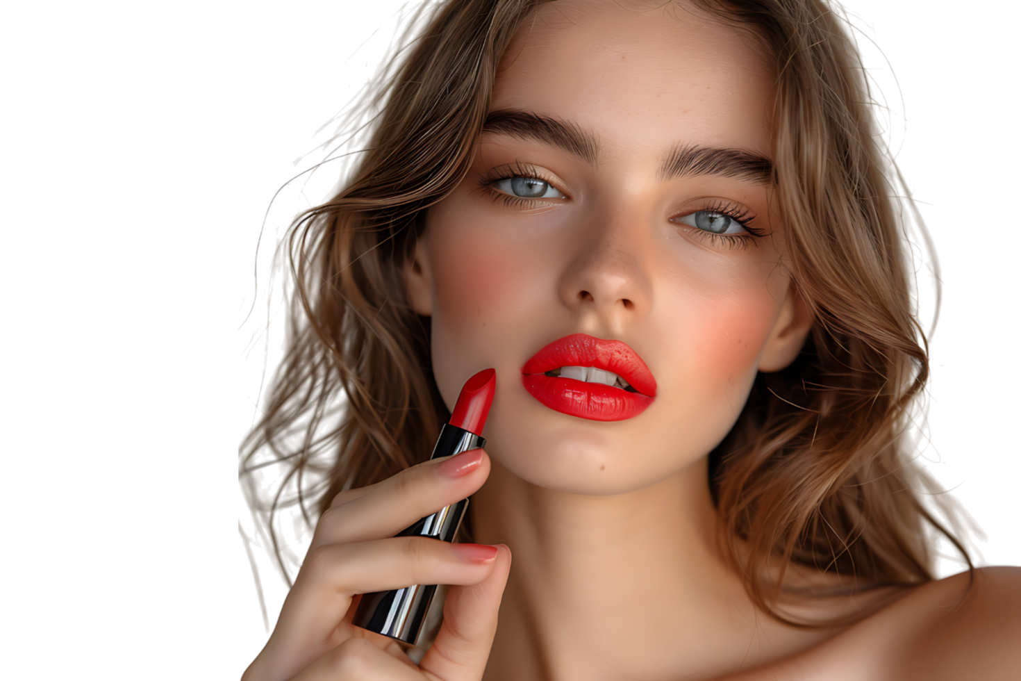 Close Up Portrait Of Elegant Woman With Red Lips Holding Lipstick On