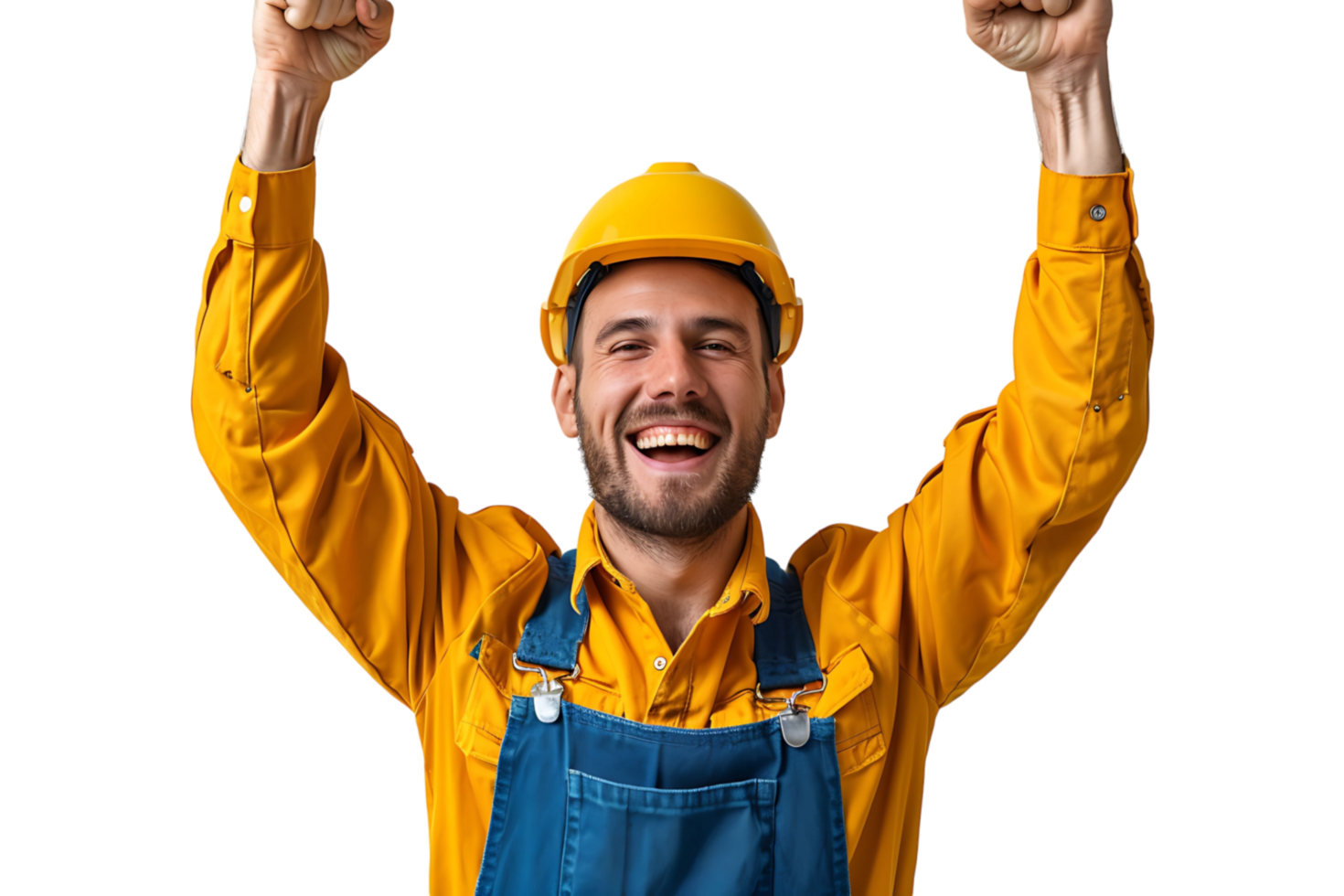 Young Constructor Man Wearing Uniform And Security Helmet With Arms