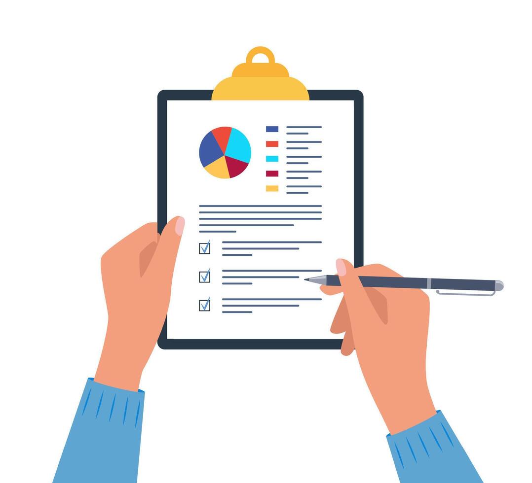 Clipboard in hand businessman, statistical data with charts, diagrams ...