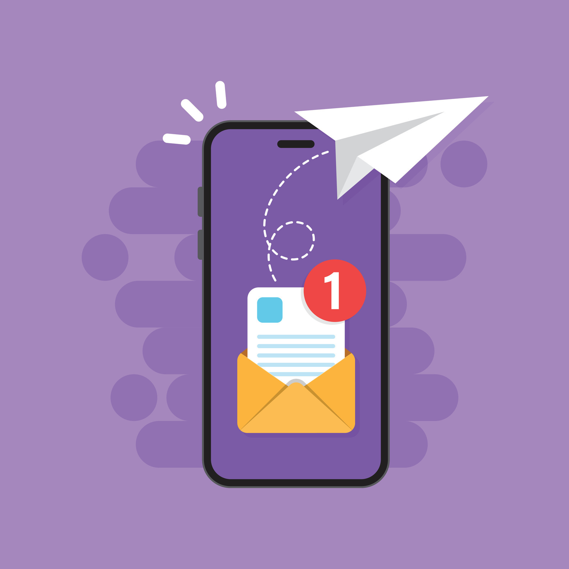 Send email from smartphone icon in flat style. Paper plane illustration ...
