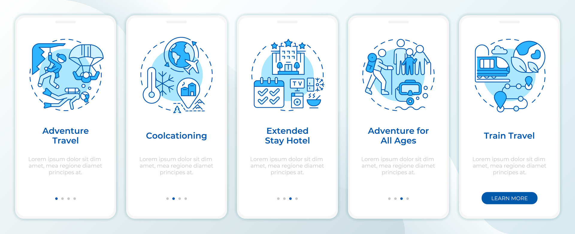 Trends In Traveling Blue Onboarding Mobile App Screen Walkthrough 5 Steps Editable Graphic