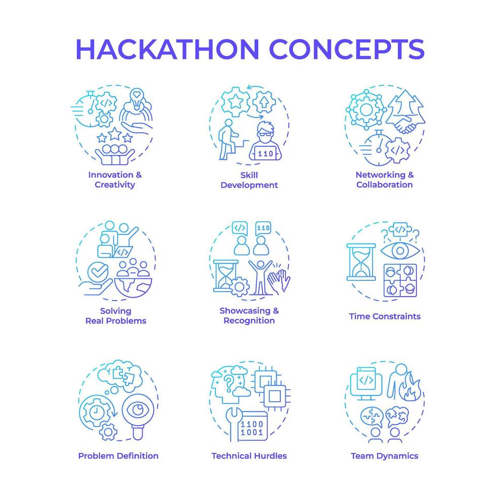 Hackathon blue gradient concept icons. Tech event for program developers. Tech solutions. Coding ...
