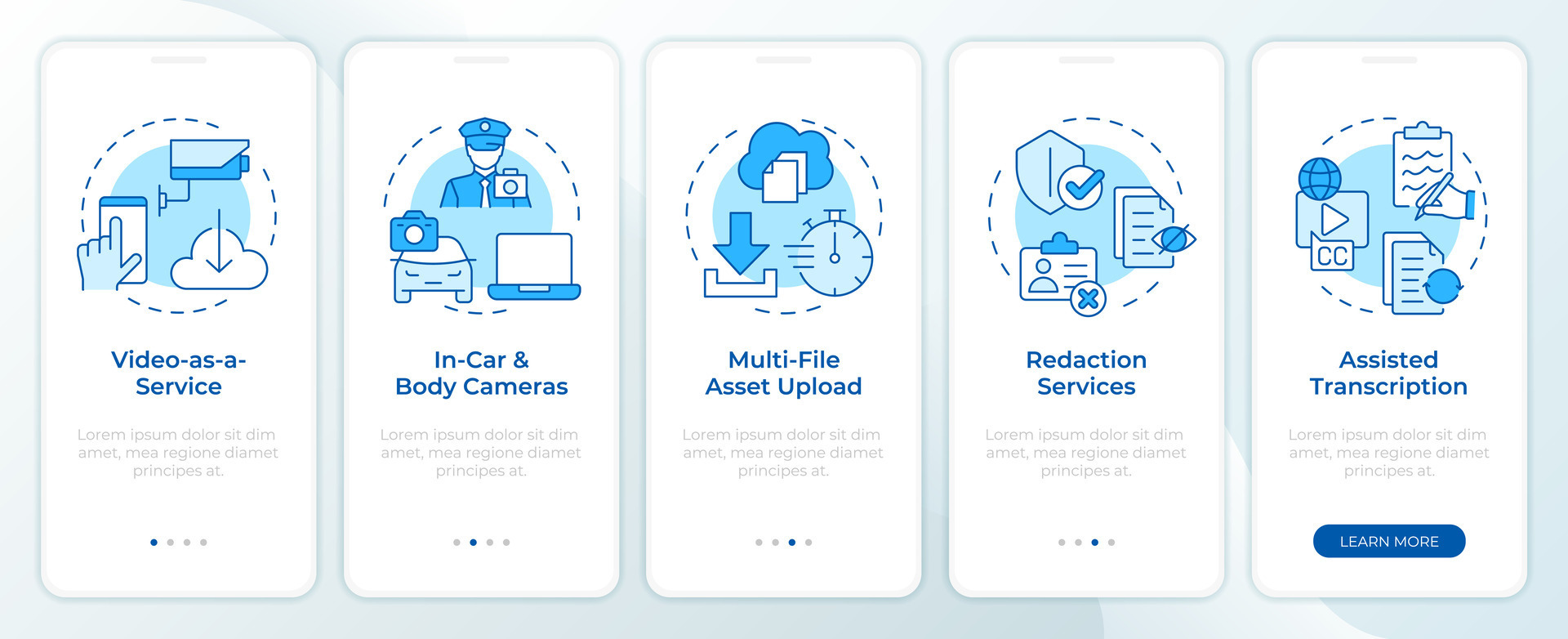 Evidence sources blue onboarding mobile app screen. Walkthrough 5 steps editable graphic ...