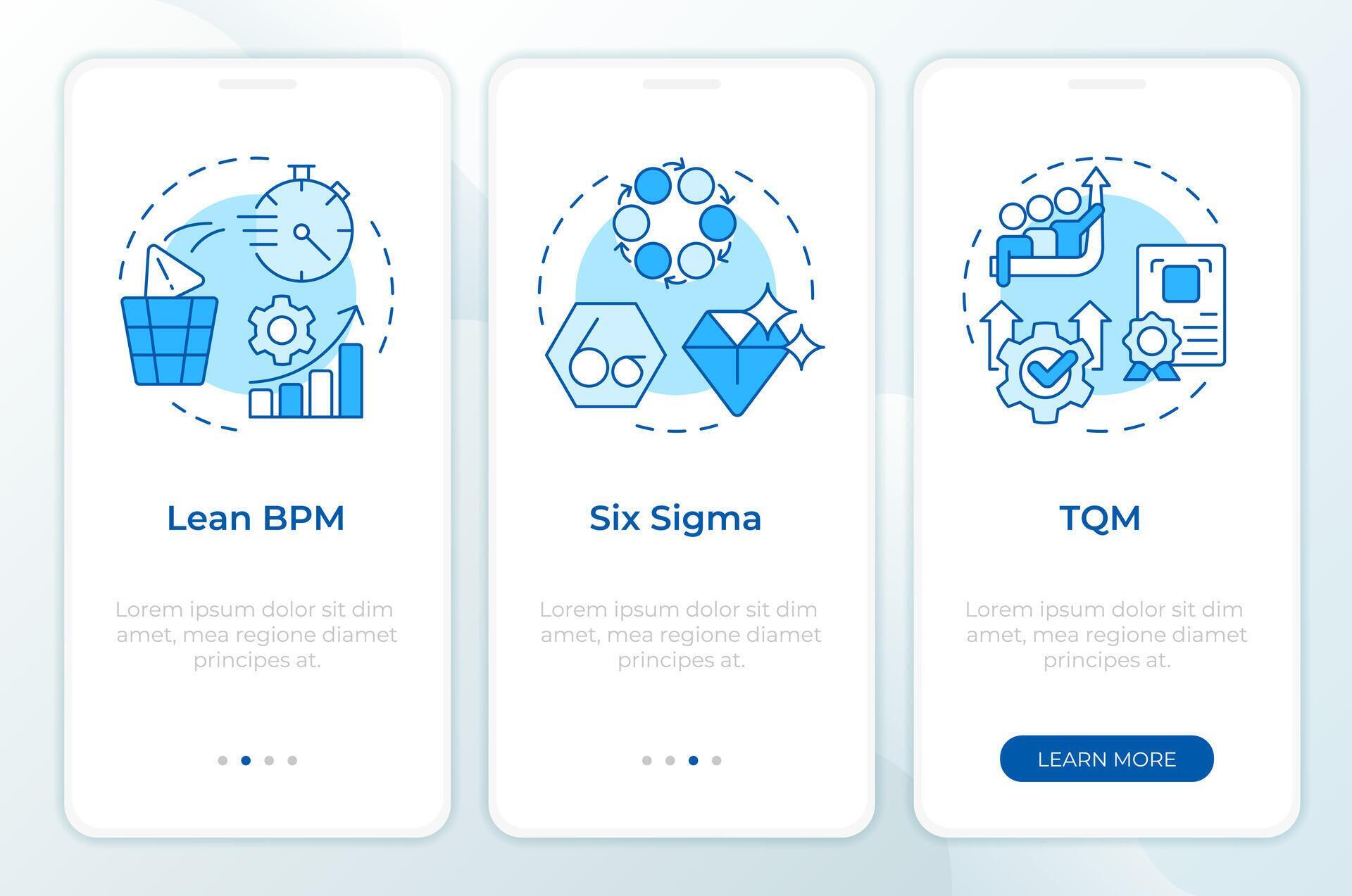 BPM methodologies blue onboarding mobile app screen. Walkthrough 3 steps editable graphic ...
