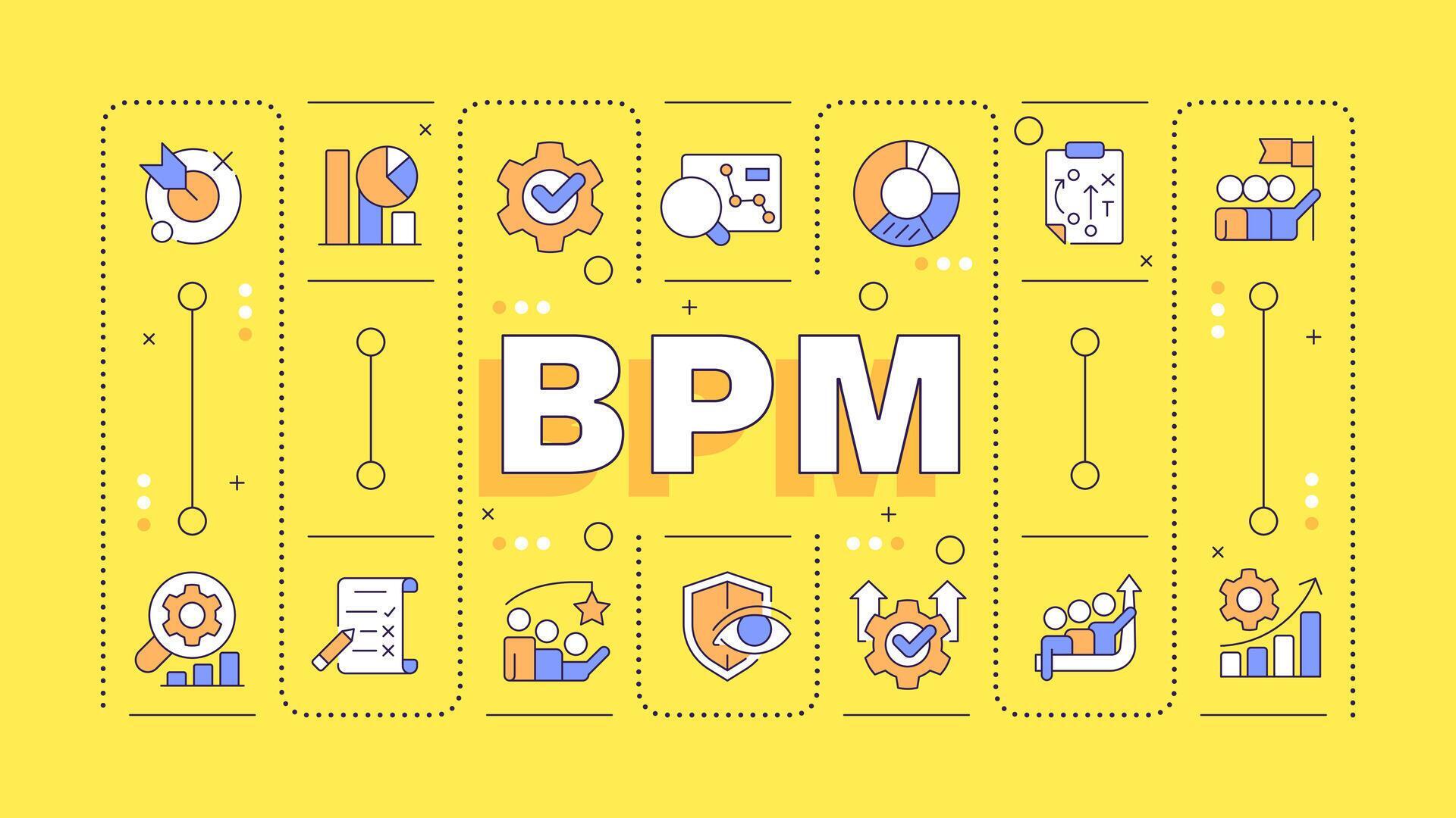 BPM yellow word concept. Business processes management. Workflow automation, data processing ...
