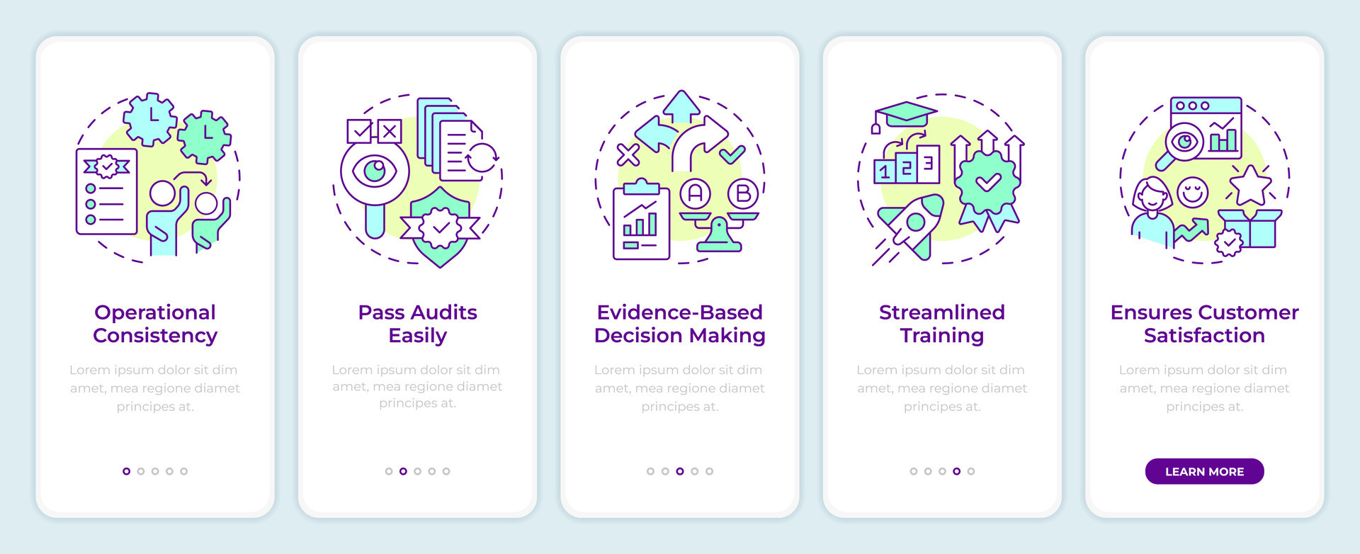 Qms Benefits Onboarding Mobile App Screen Lean Management Walkthrough 5 Steps Editable Graphic