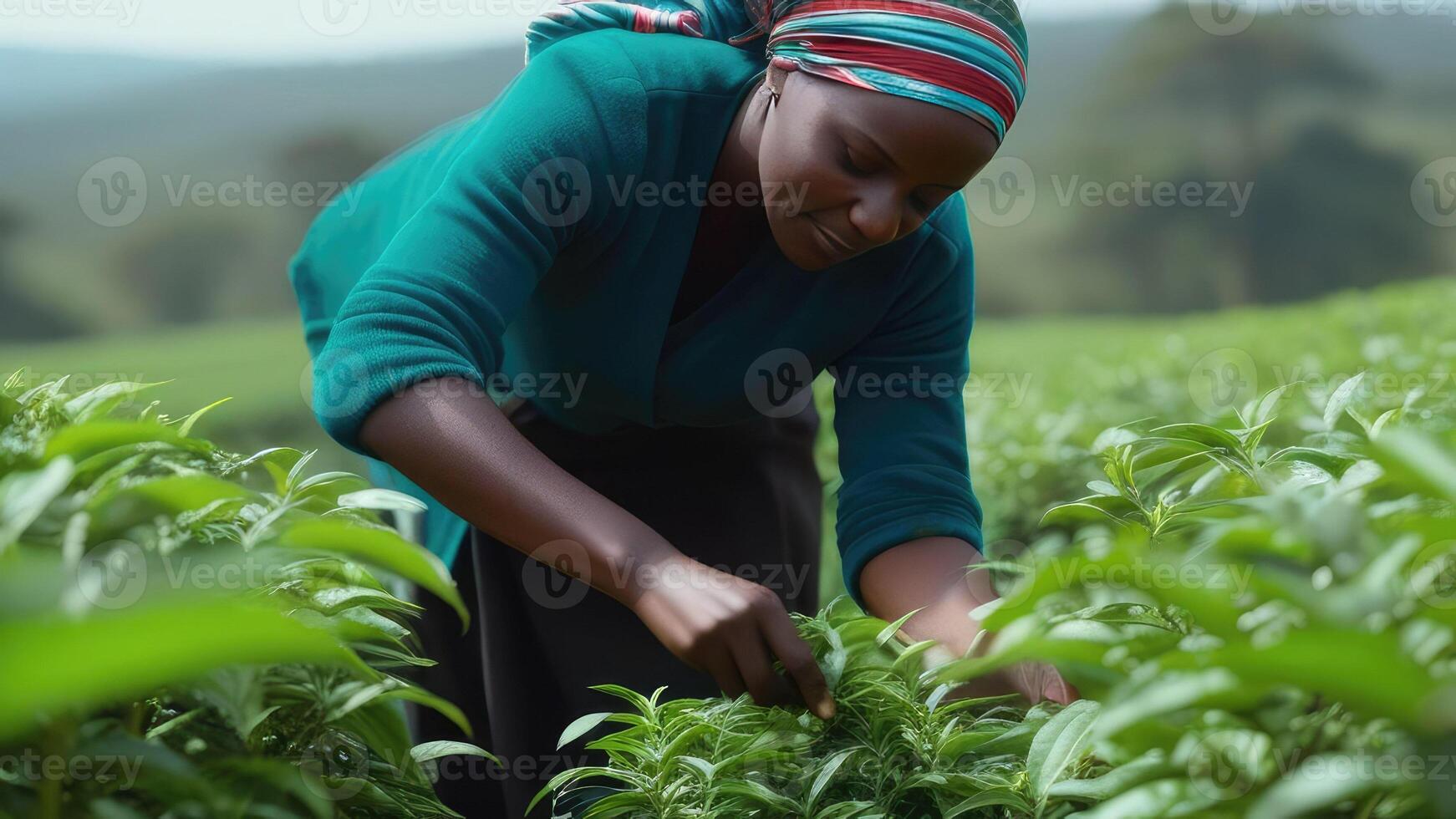 Kenyan woman collecting tea leaves into basket on plantation. Plantation worker. 44907722 Stock ...